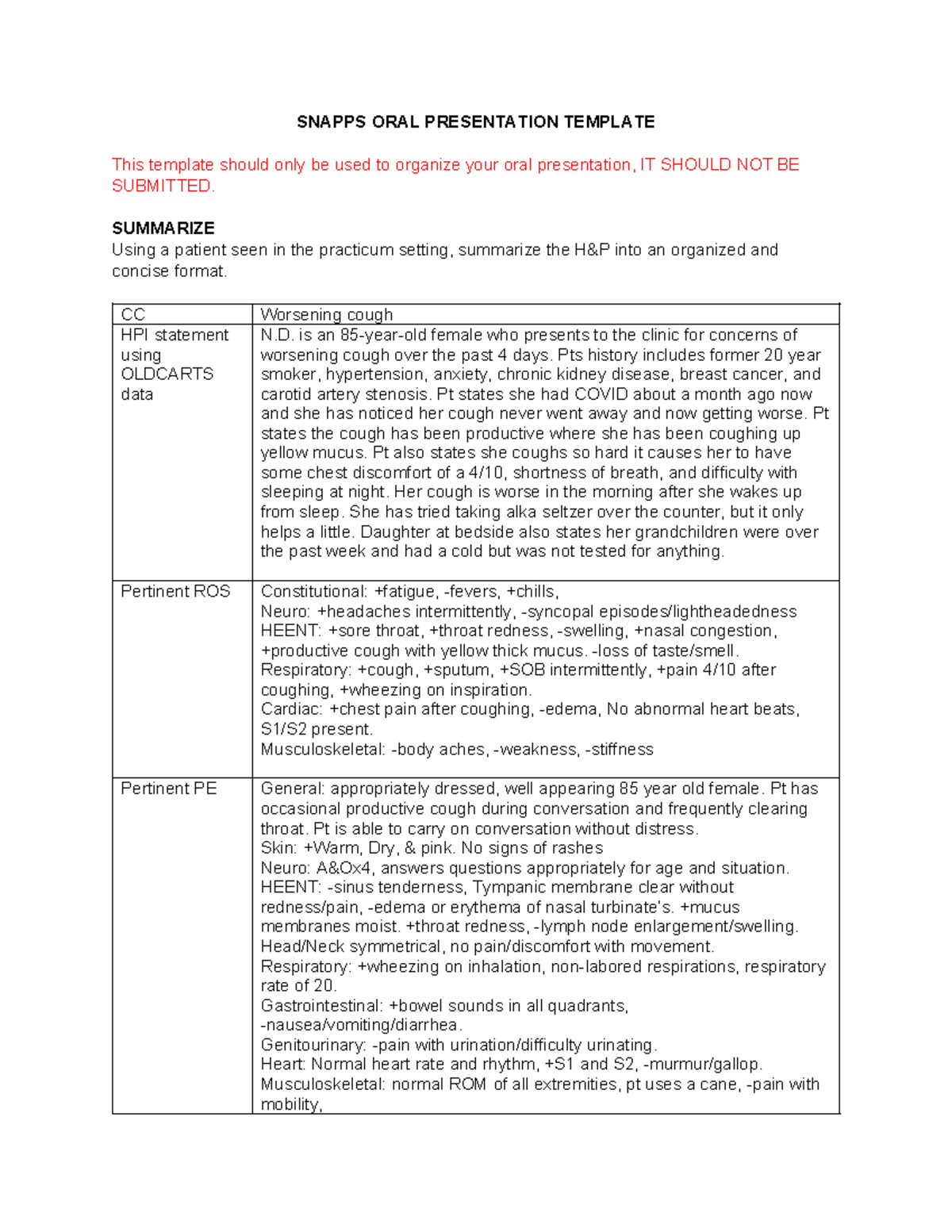 FNP NR511 SNAPPS Oral Presentation Template and Guidelines - Studocu