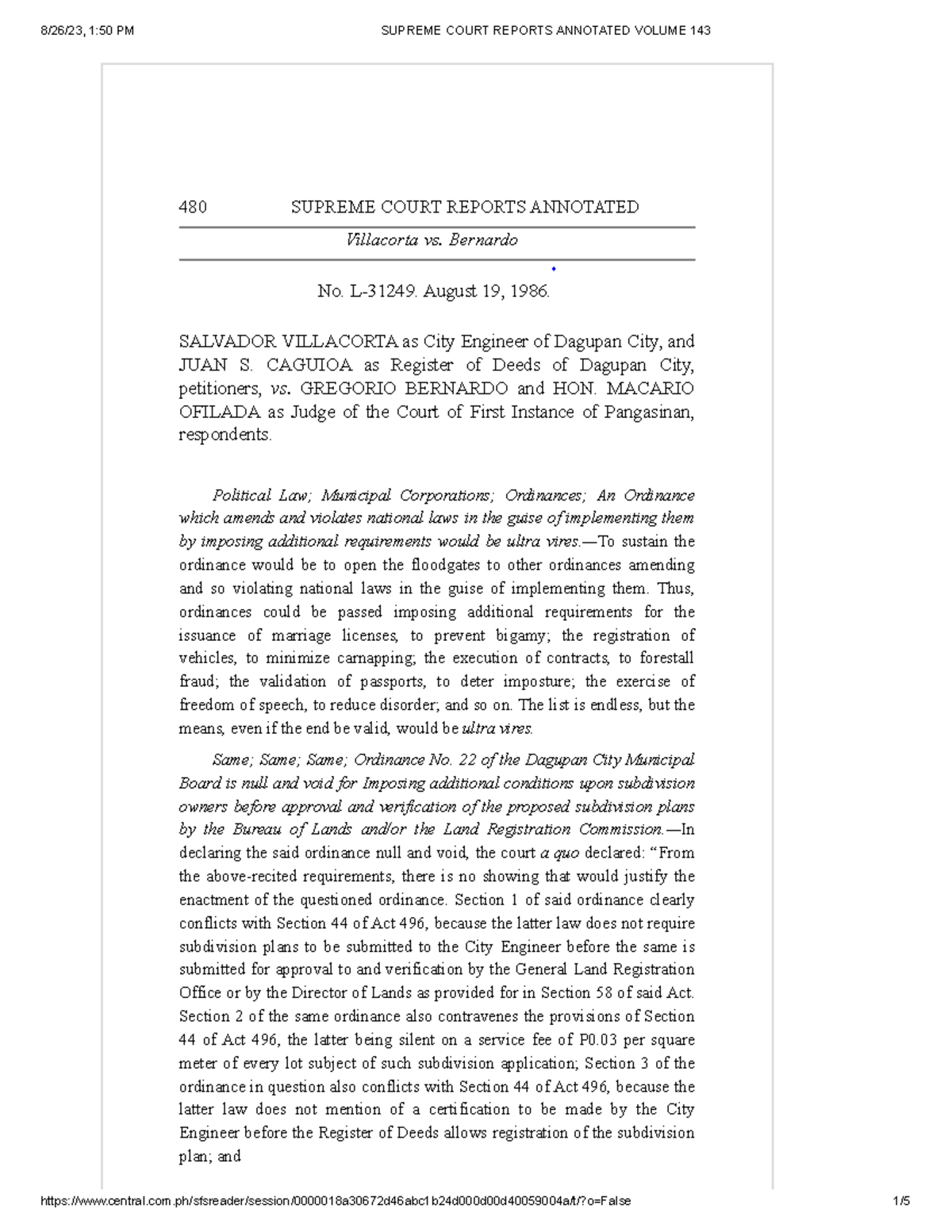 Supreme Court Case Review: Villacorta vs. Bernardo (L-31249) - Studocu
