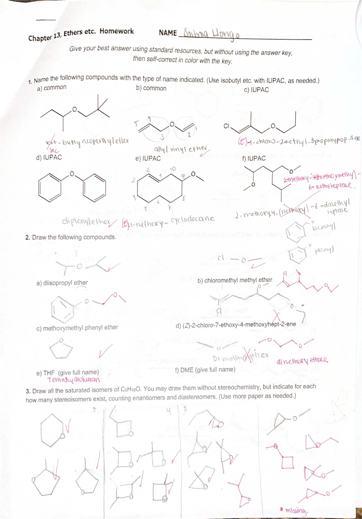 Chapter 13 Homework: Naming Ethers and Drawing Structures (CHEM101 ...