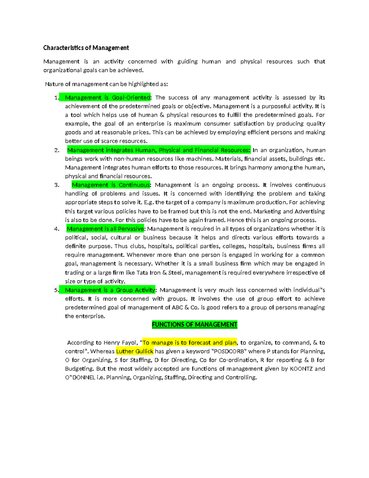 MS-Notes 2: Key Characteristics of Management Explained - Studeersnel