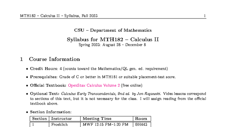 MTH182 Calculus II Syllabus - Fall 2023 Overview and Resources - Studocu