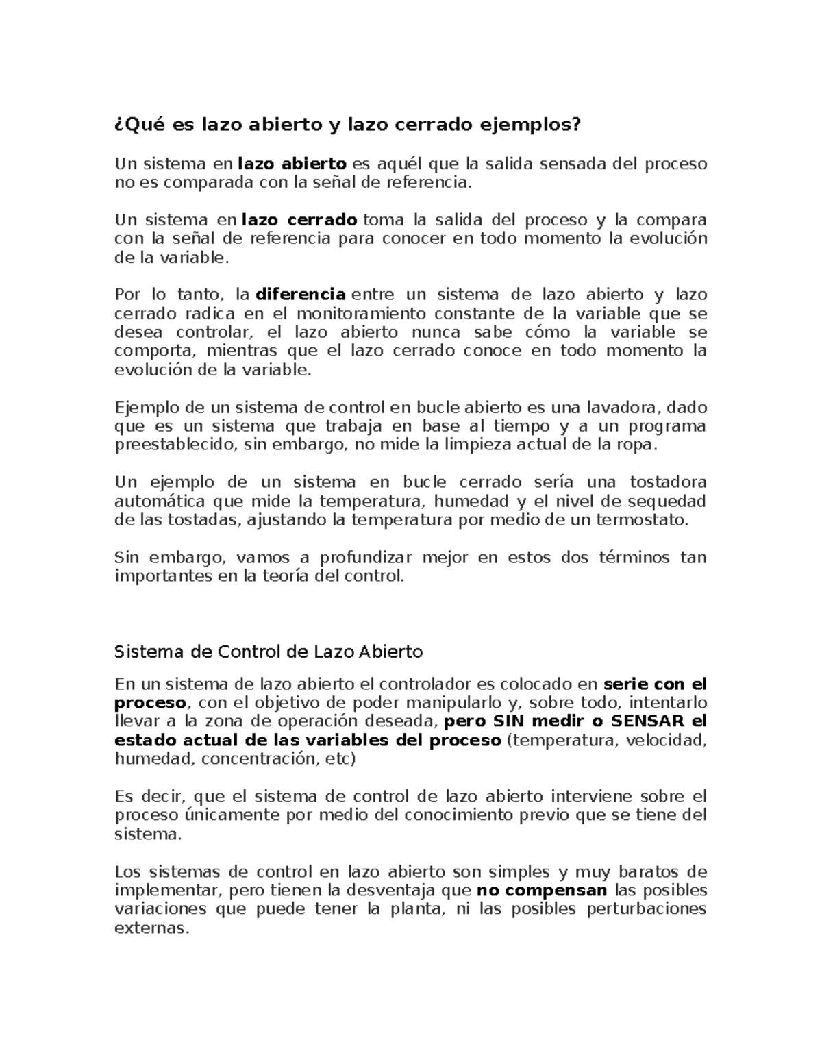 Ejemplos de Sistemas de Control: Lazo Abierto y Lazo Cerrado - Studocu
