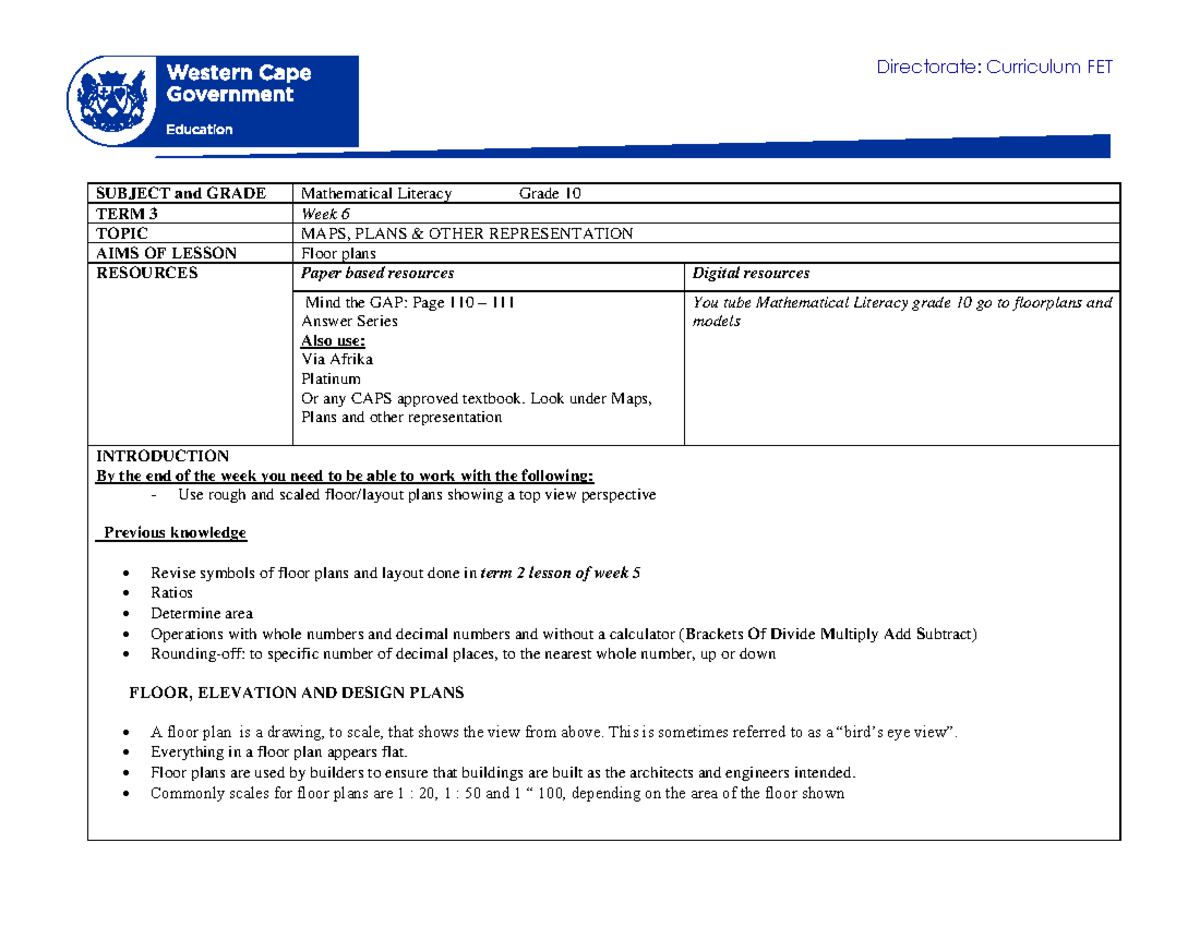 Mathematical Literacy Grade 10 Term 3 Week 6: Floor Plans & Symbols ...