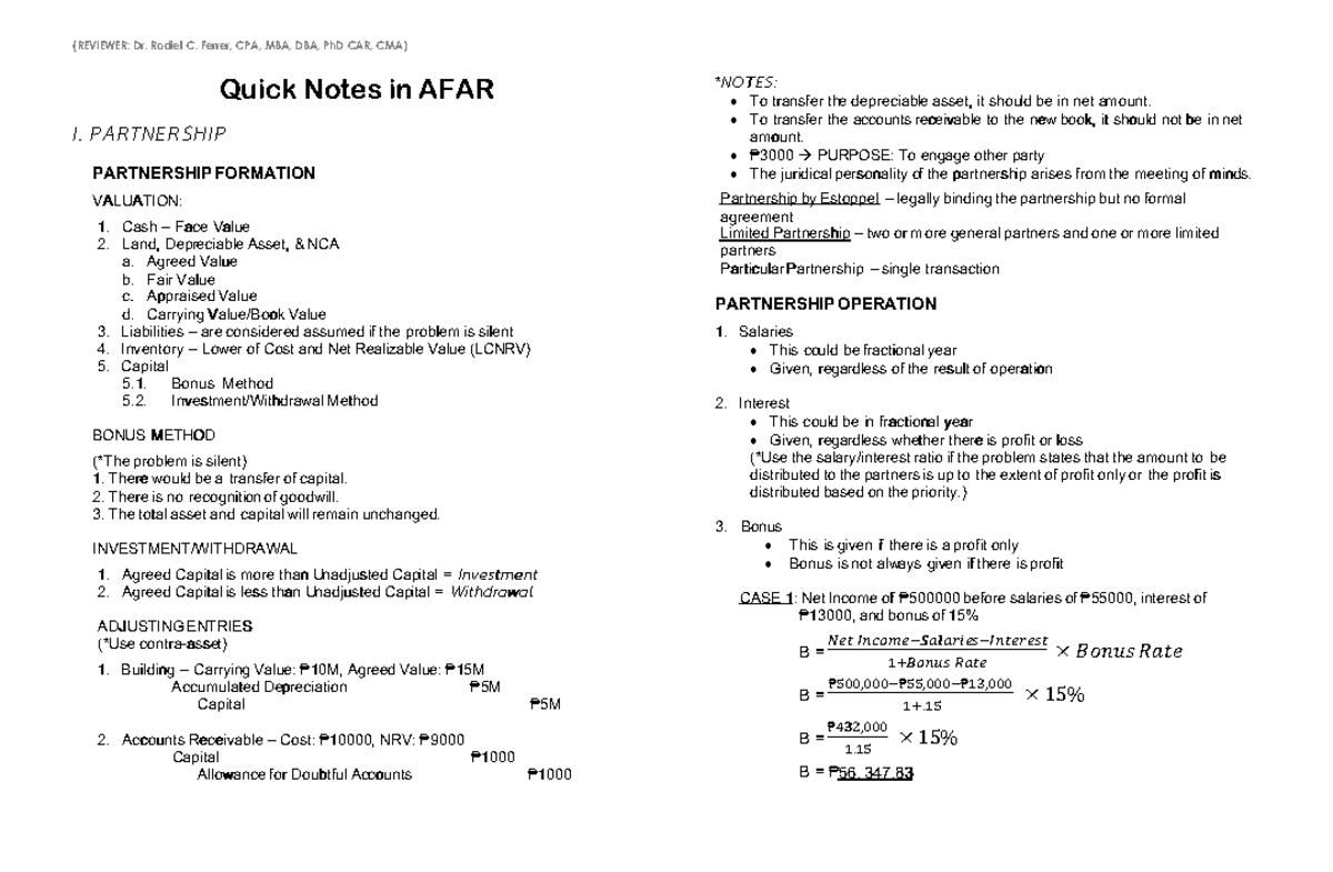 AFAR Reviewer Notes for Partnership Concepts by Dr. Ferrer - Studocu