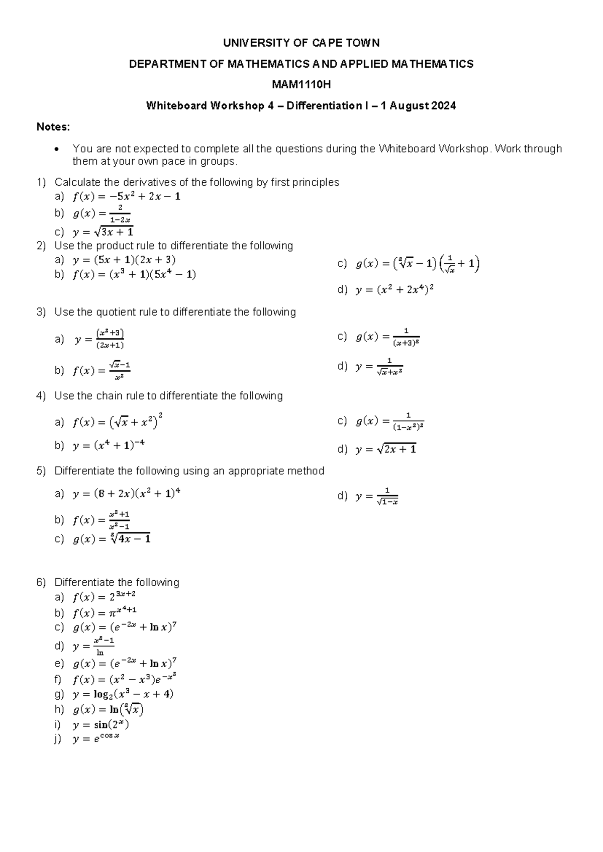 UCT MATH 1011 Whiteboard Workshop 4: Differentiation I Notes - Studocu
