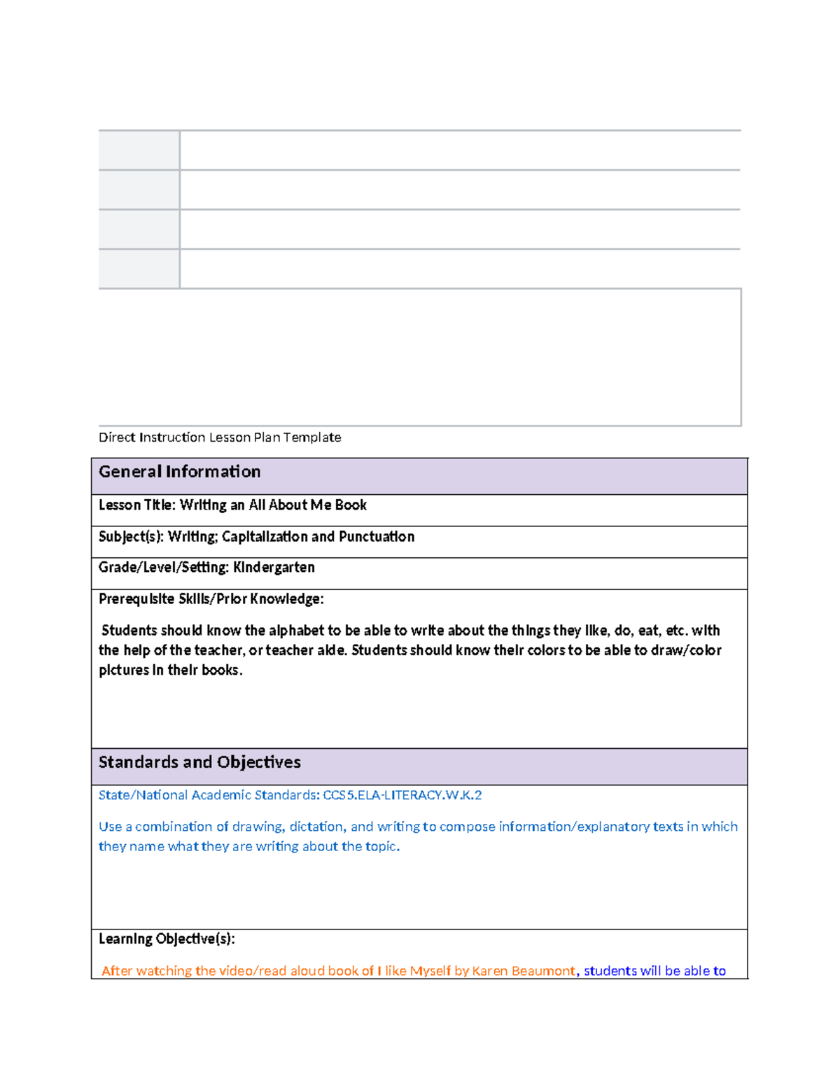 All About Me Lesson Plan for Kindergarten (2024) - Studocu