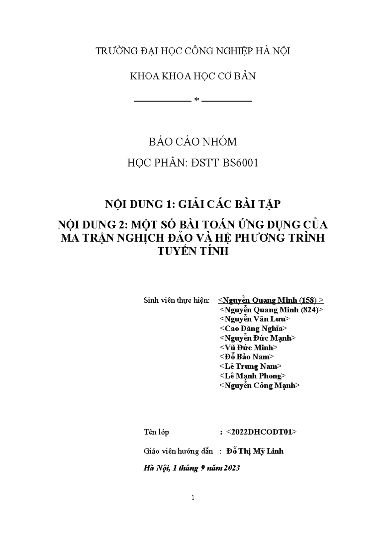 Báo cáo Nhóm ĐSTT BS6001: Giải Bài Tập Toán và Ứng Dụng Ma Trận - Studocu