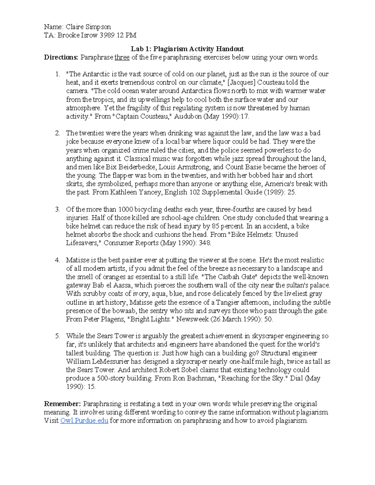 Psy301 Plagiarism Activity: Paraphrasing Exercises Handout - Studocu