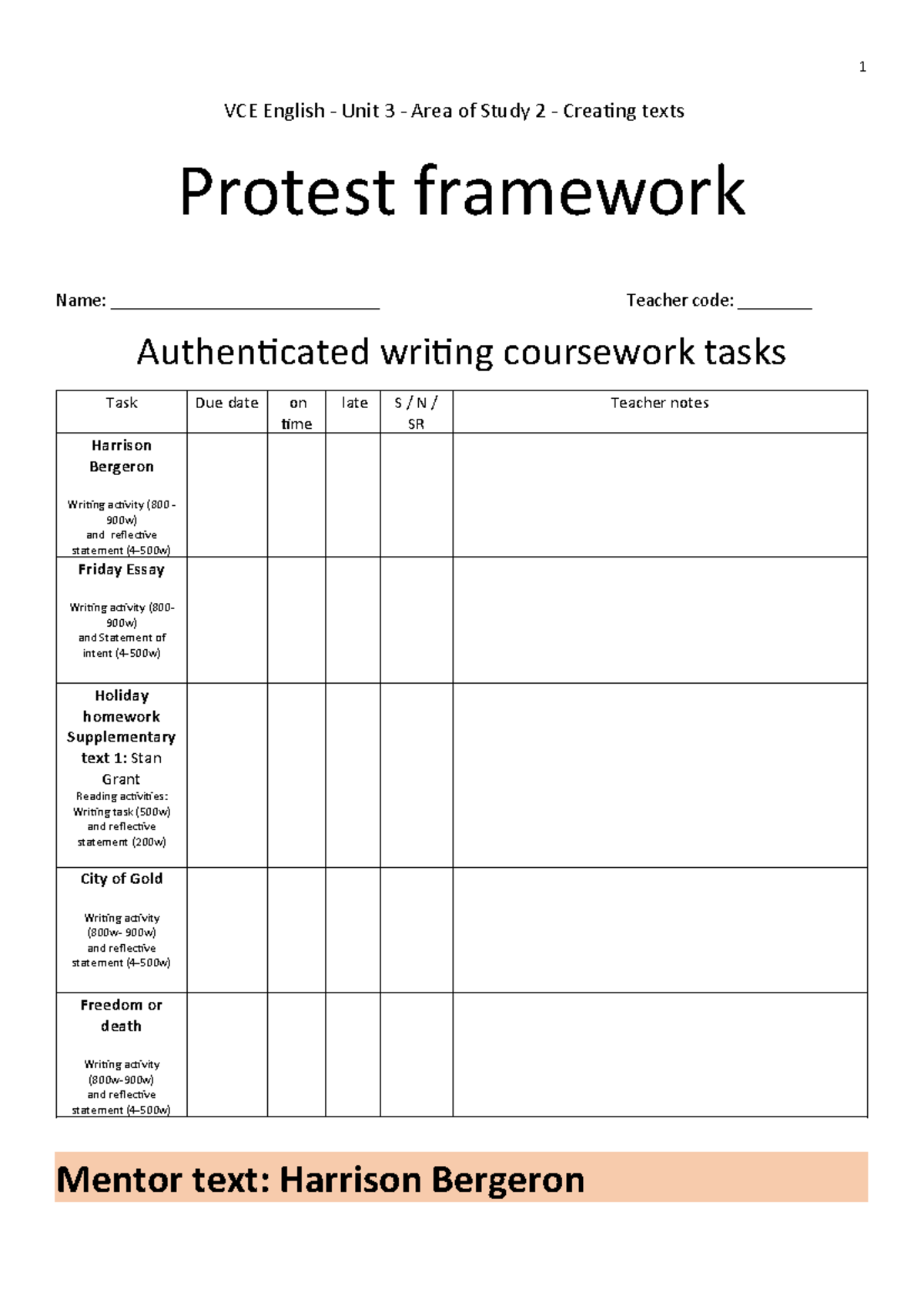 VCE English Unit 3 Protest Framework Coursework Booklet - Studocu
