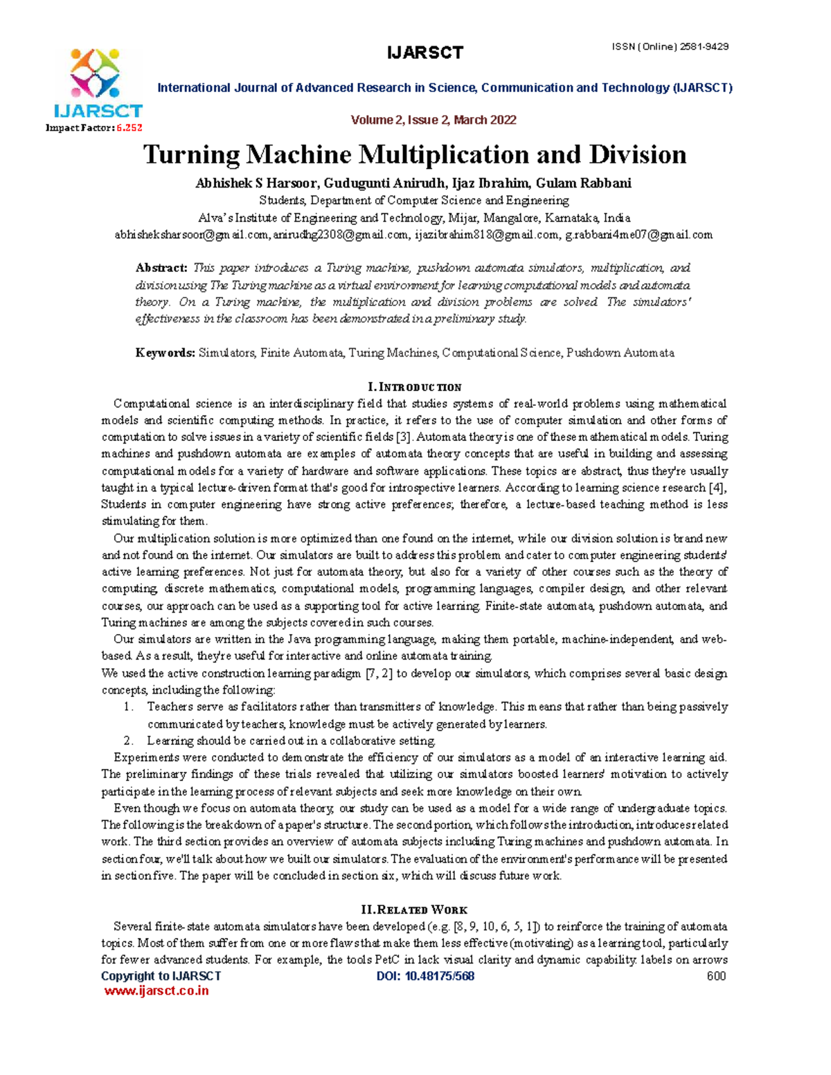 IJARSCT 2937: Turing Machine Multiplication & Division Techniques - Studocu