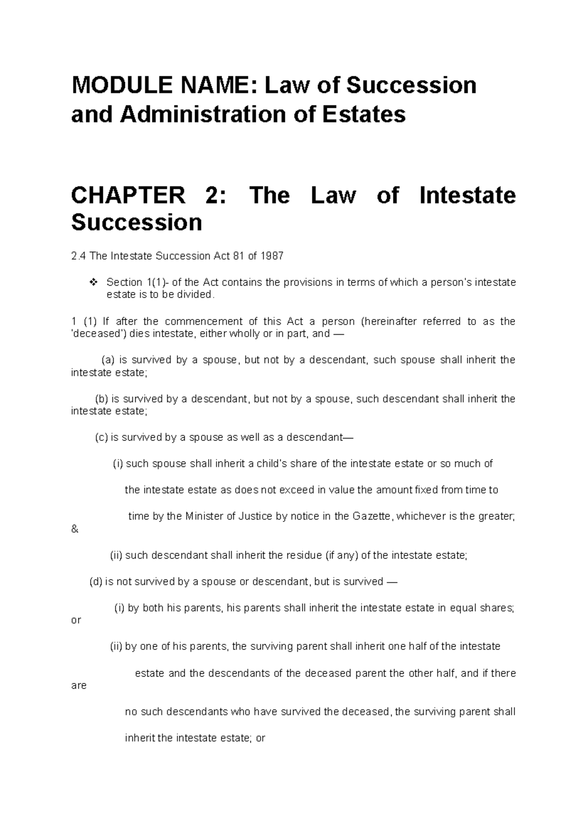 Law of Succession (LAW 101): Intestate Succession Act Overview - Studocu