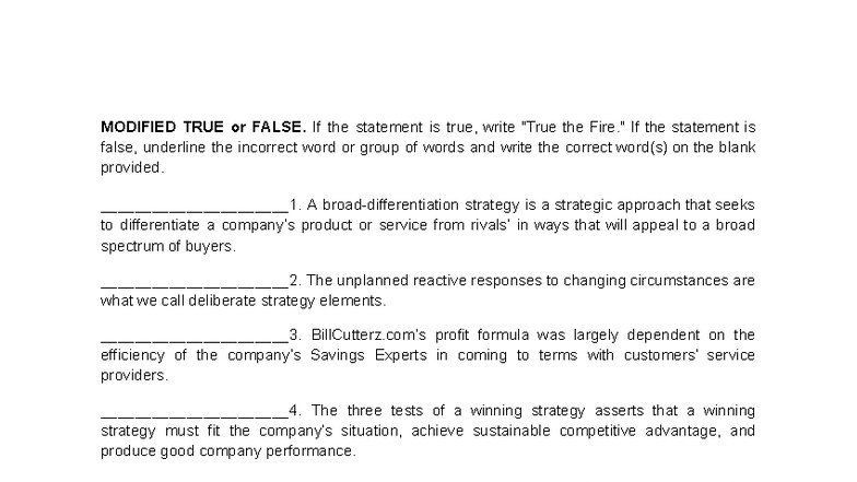MODIFIED TRUE or FALSE: Strategy Evaluation and Correction - Studocu