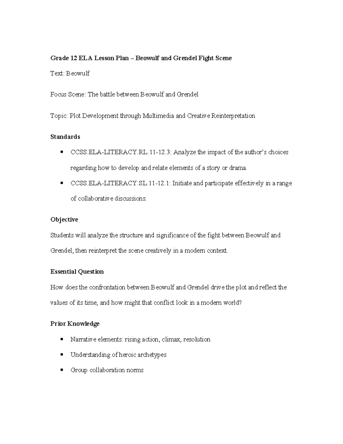 Grade 12 ELA Lesson Plan: Analyzing Beowulf's Grendel Fight Scene - Studocu