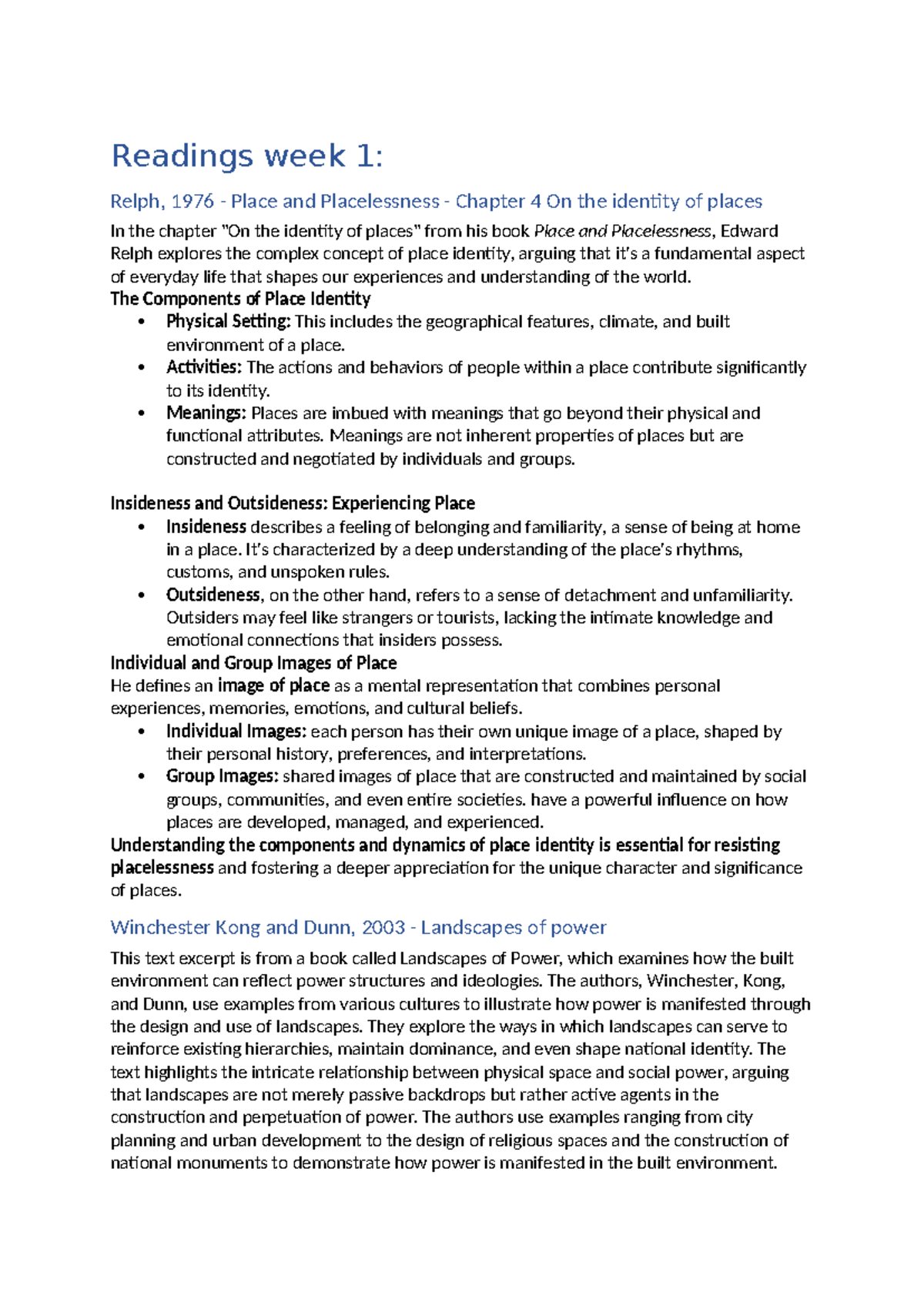 GEO 101: Human Geography Readings - Weeks 1 to 3 Summary - Studeersnel