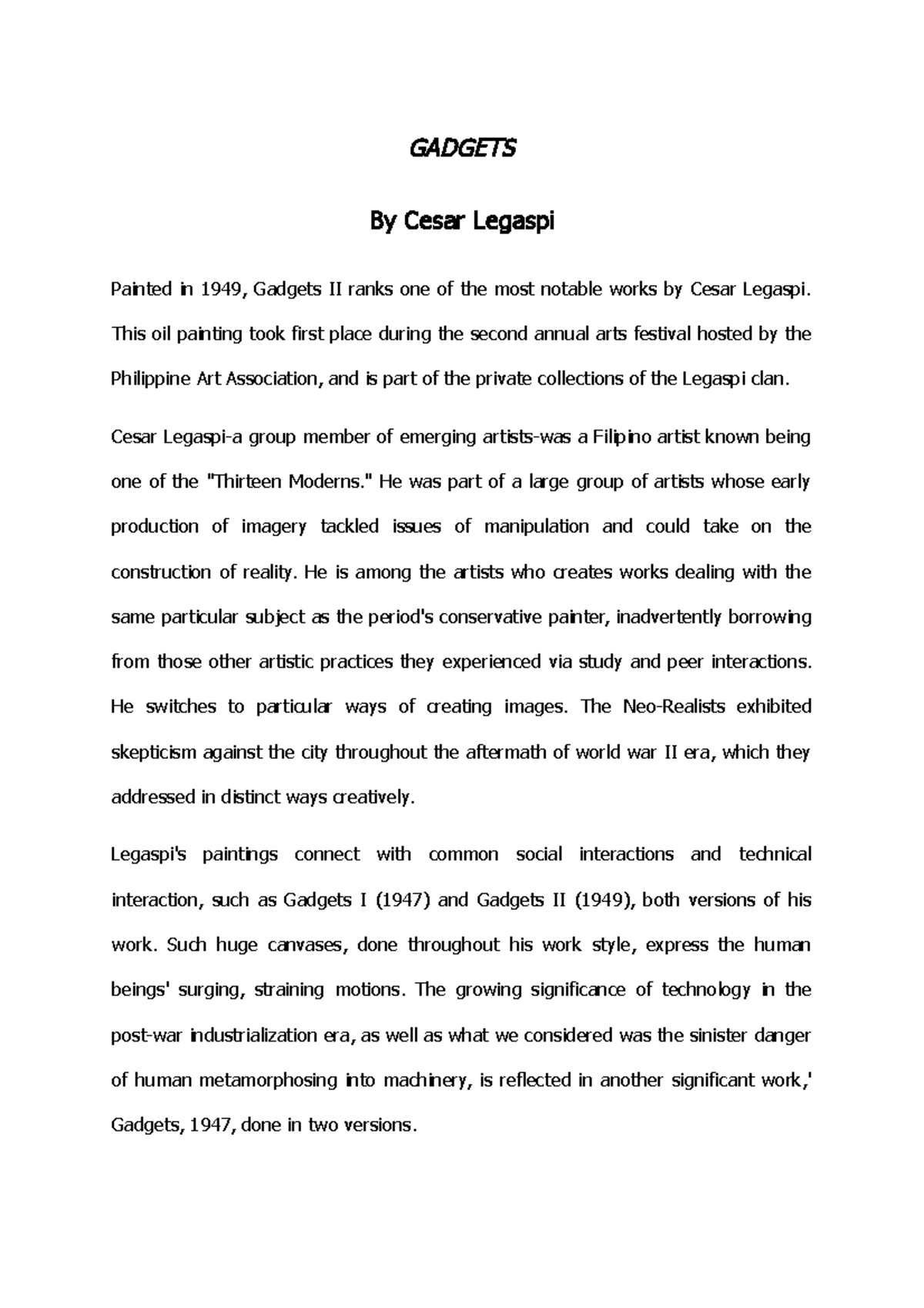 Gadgets II - Essay on Cesar Legaspi's 1949 Masterpiece - Studocu