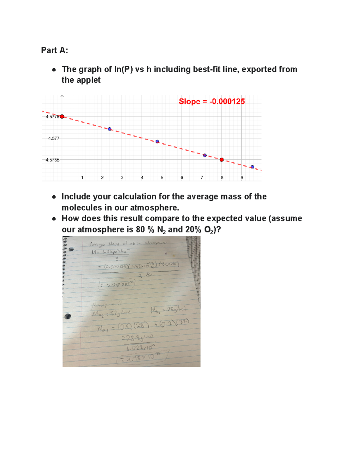 Lab 3 Barometric Pressure and Surface Tension W25 - Part A: The graph of ln(P) vs h including ...