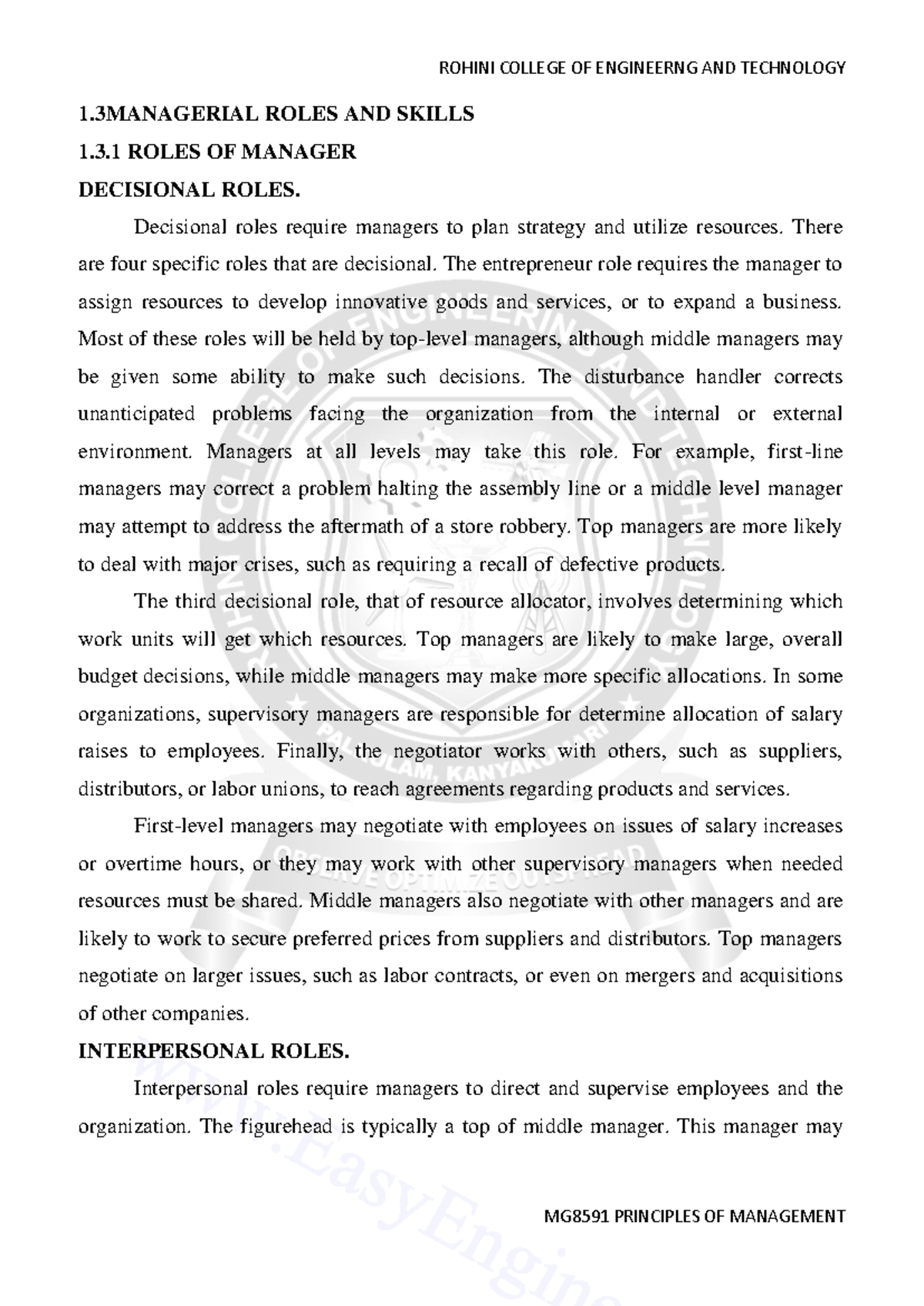 MG8591 Principles of Management: Decisional and Interpersonal Roles - Studocu