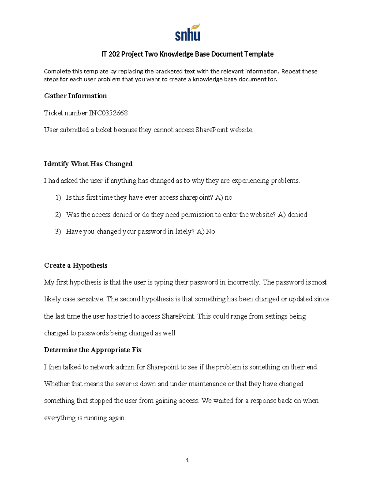 IT 202 Project Two: Knowledge Base Document Template Guide - Studocu