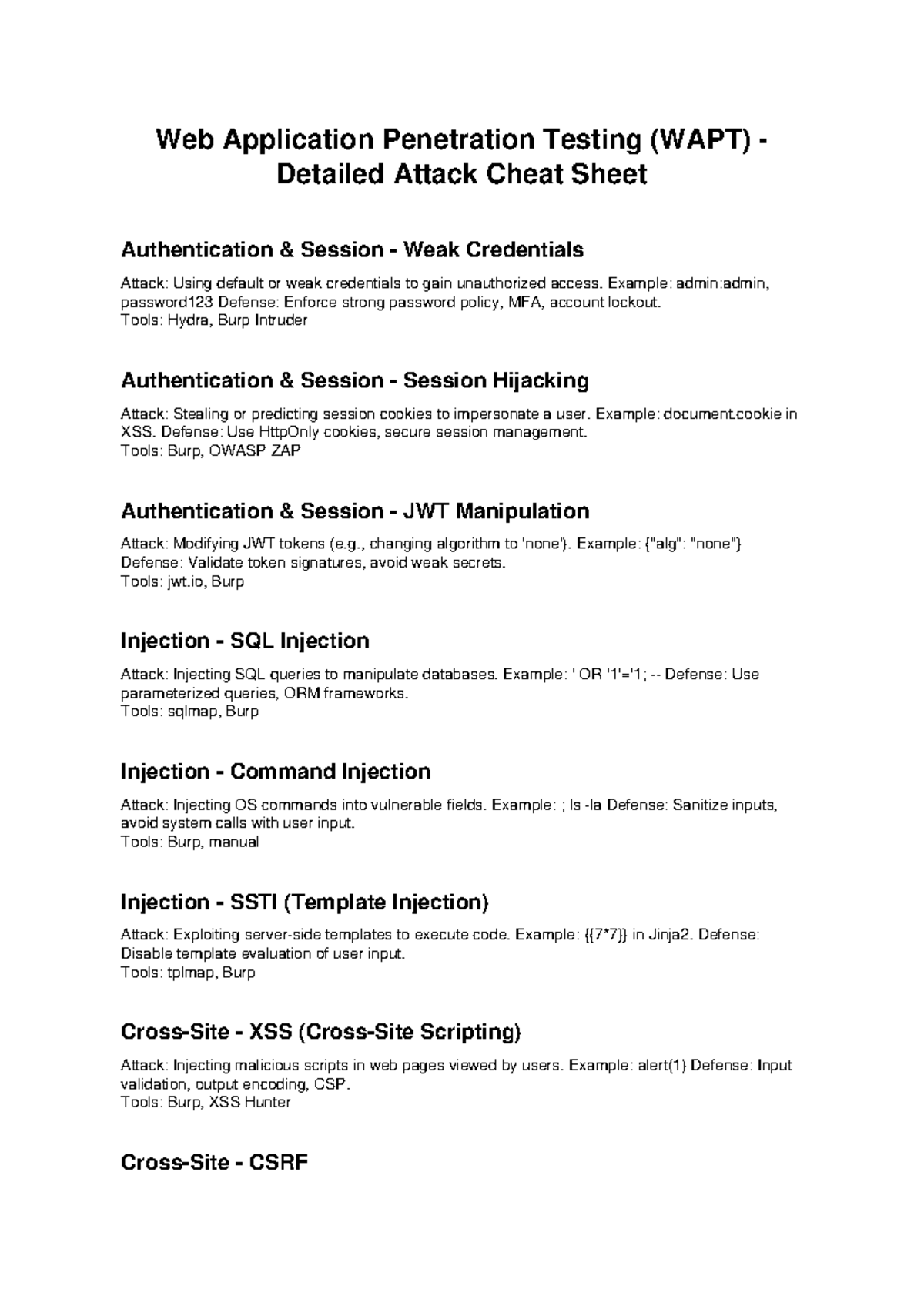 WAPT Attack Cheat Sheet: Detailed Overview of Common Vulnerabilities ...