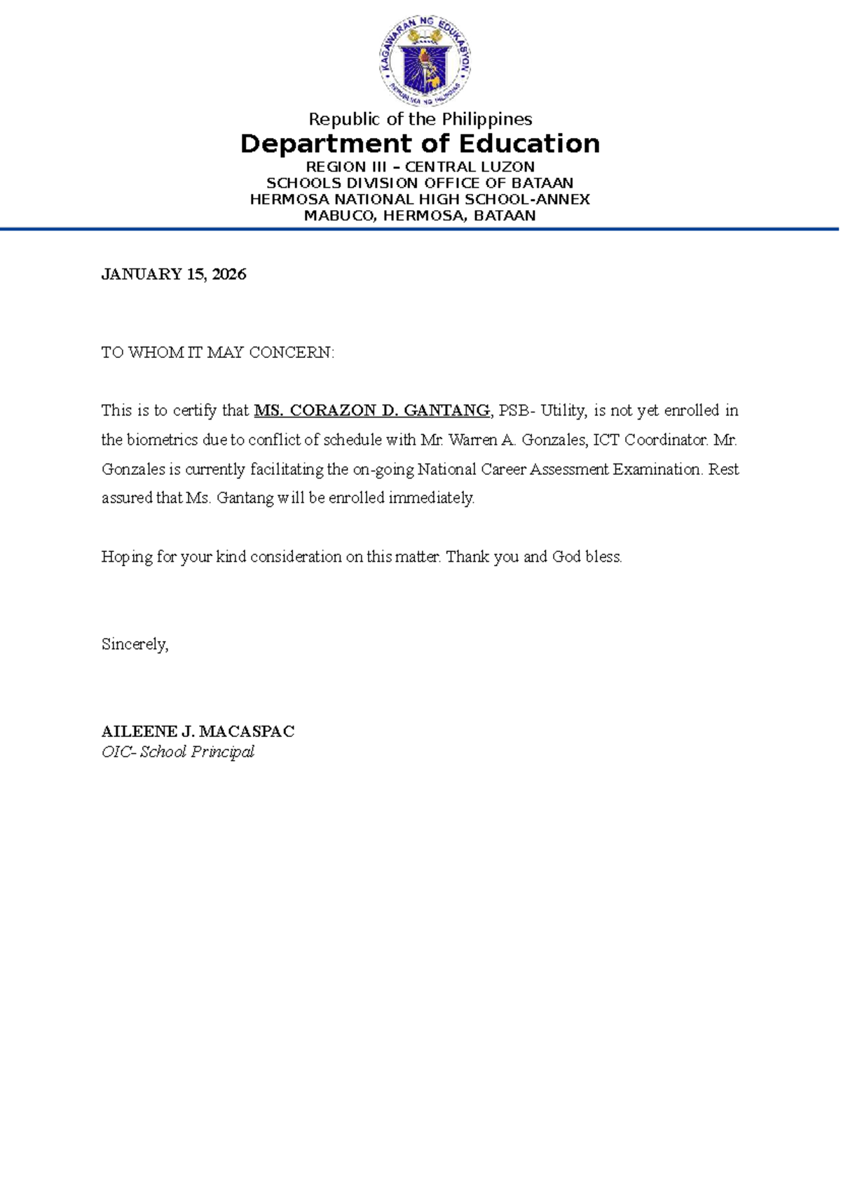 Justification Letter for Biometrics Enrollment - PSB - Studocu