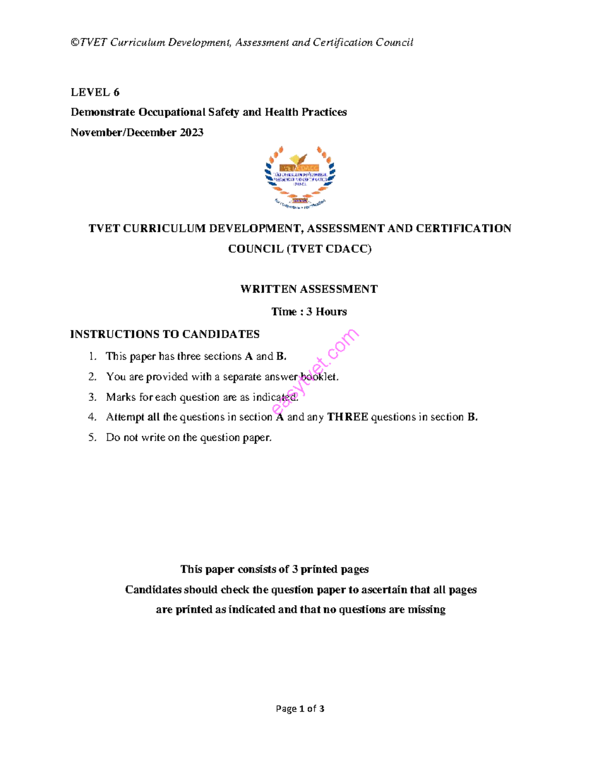 Curriculum Development & Assessment: OHS Practices Level 6 2023 - Studocu