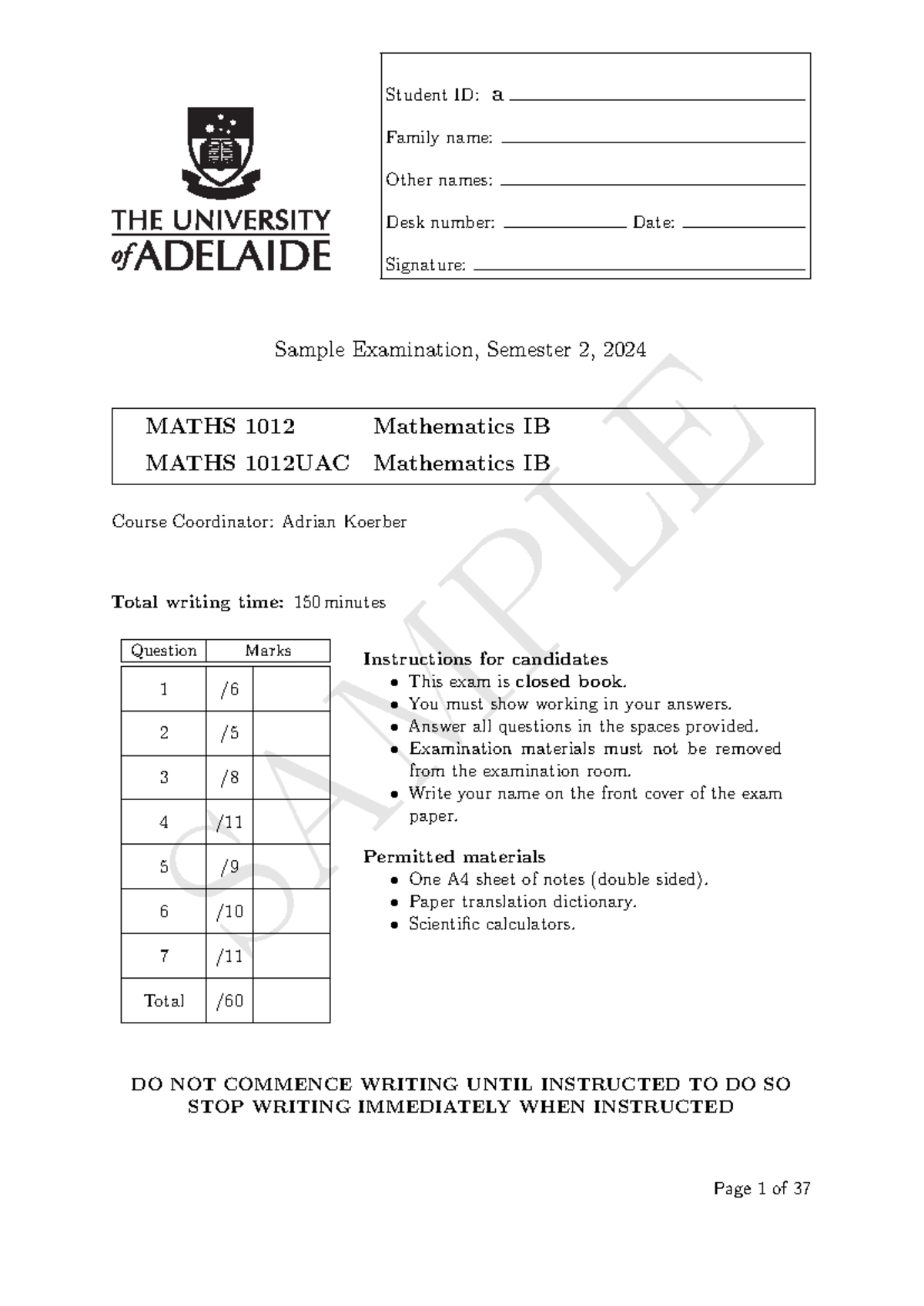 Mathematics IB MATHS 1012UAC Sample Exam Solutions, Semester 2, 2024 ...