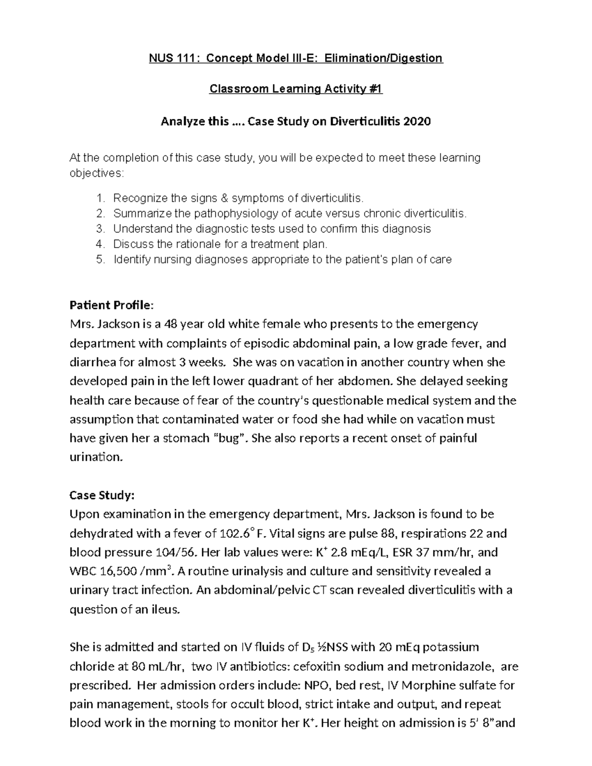 NUS Case Study: Analyzing Diverticulitis in Classroom Activity - Studocu