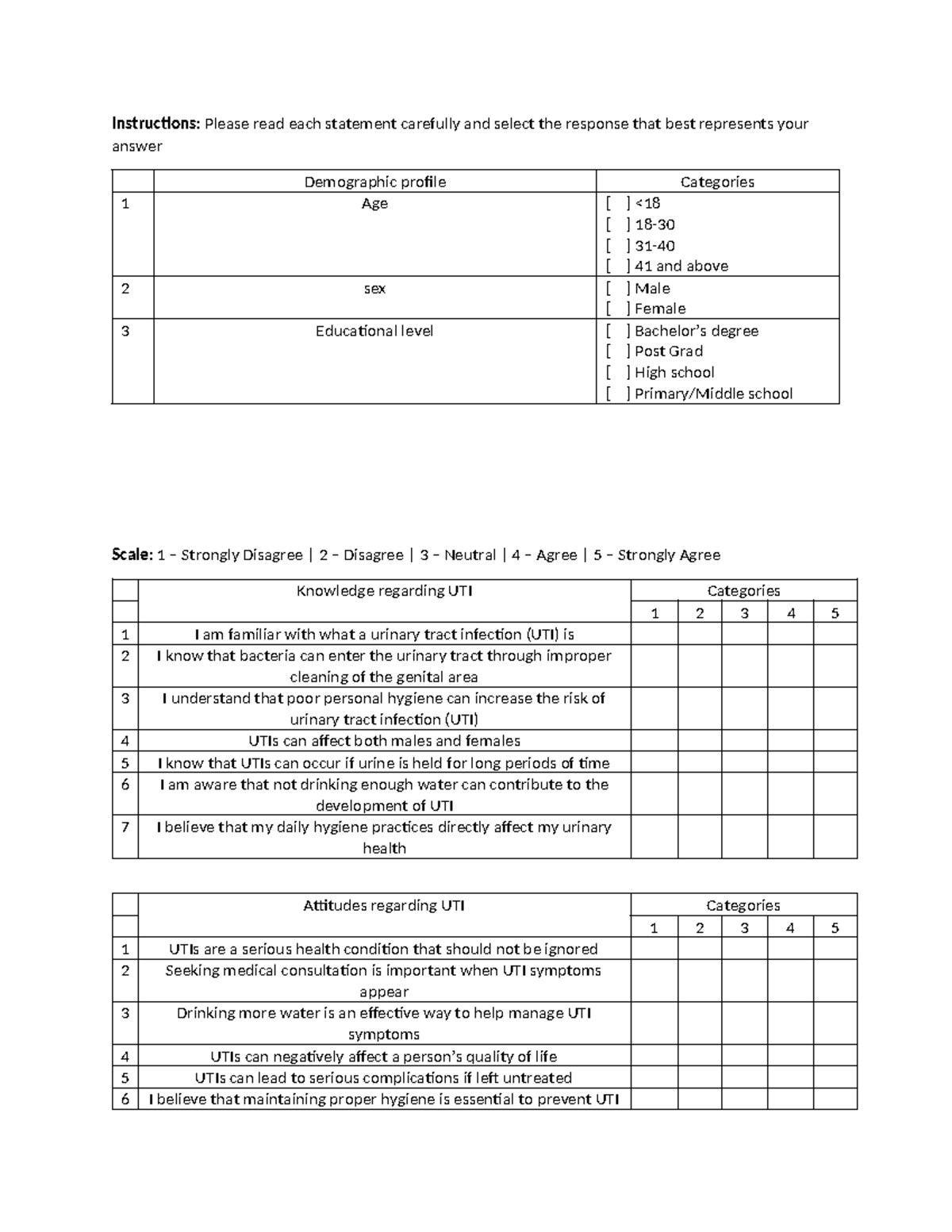 Questionnaire on UTI Awareness and Attitudes - ASFS - Studocu