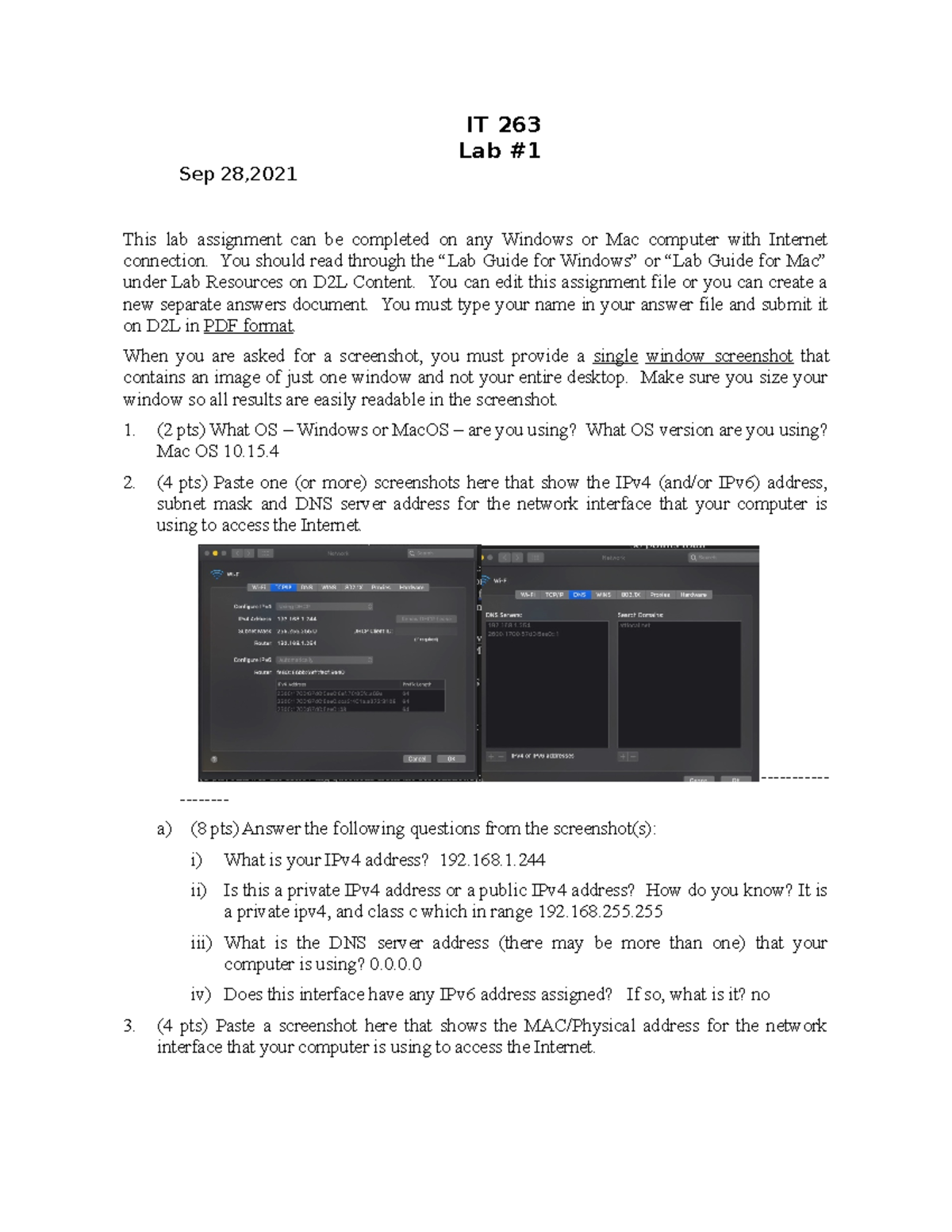 IT263 Lab 1 Answer Sheet - IPv4 & MAC Address Analysis - Studocu