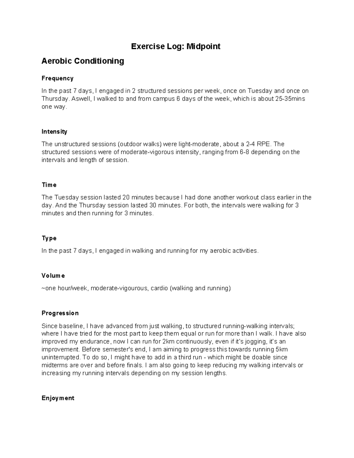 Exercise Log: Midpoint Aerobic & Muscular Conditioning Goals - Studocu