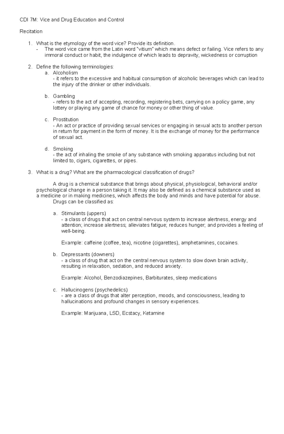 CDI 7M: Vice and Drug Education Recitation 1 Reviewer - Studocu