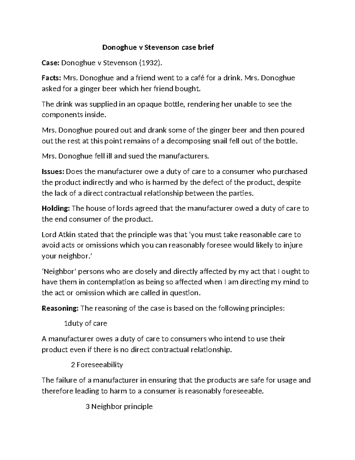 Donoghue v Stevenson Case Brief: Duty of Care & Foreseeability - Studocu