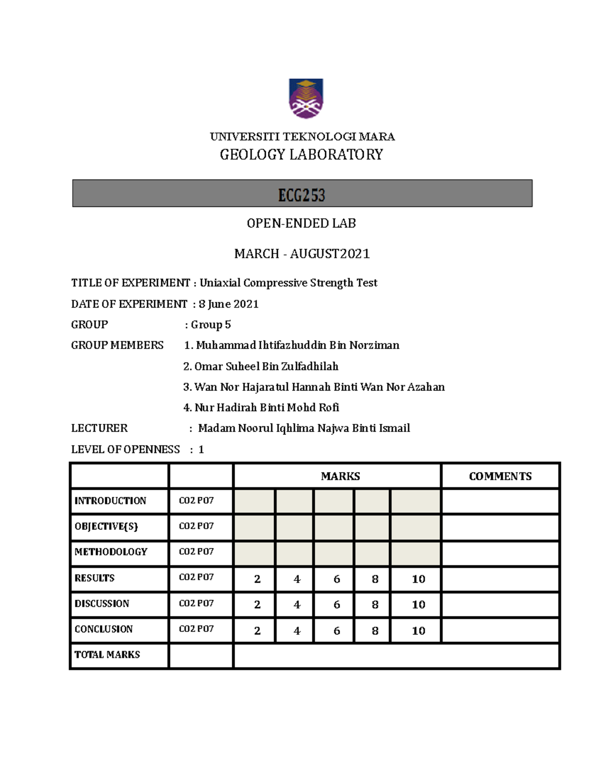 LAB 10 2020893014 2M - UCS Test Report for Geology Lab at UITM - Studocu