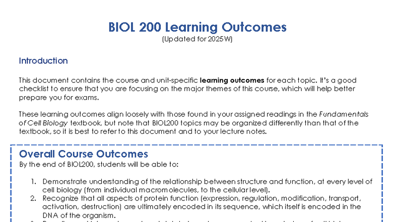 BIOL 200 Learning Outcomes Overview for 2025W - Studocu