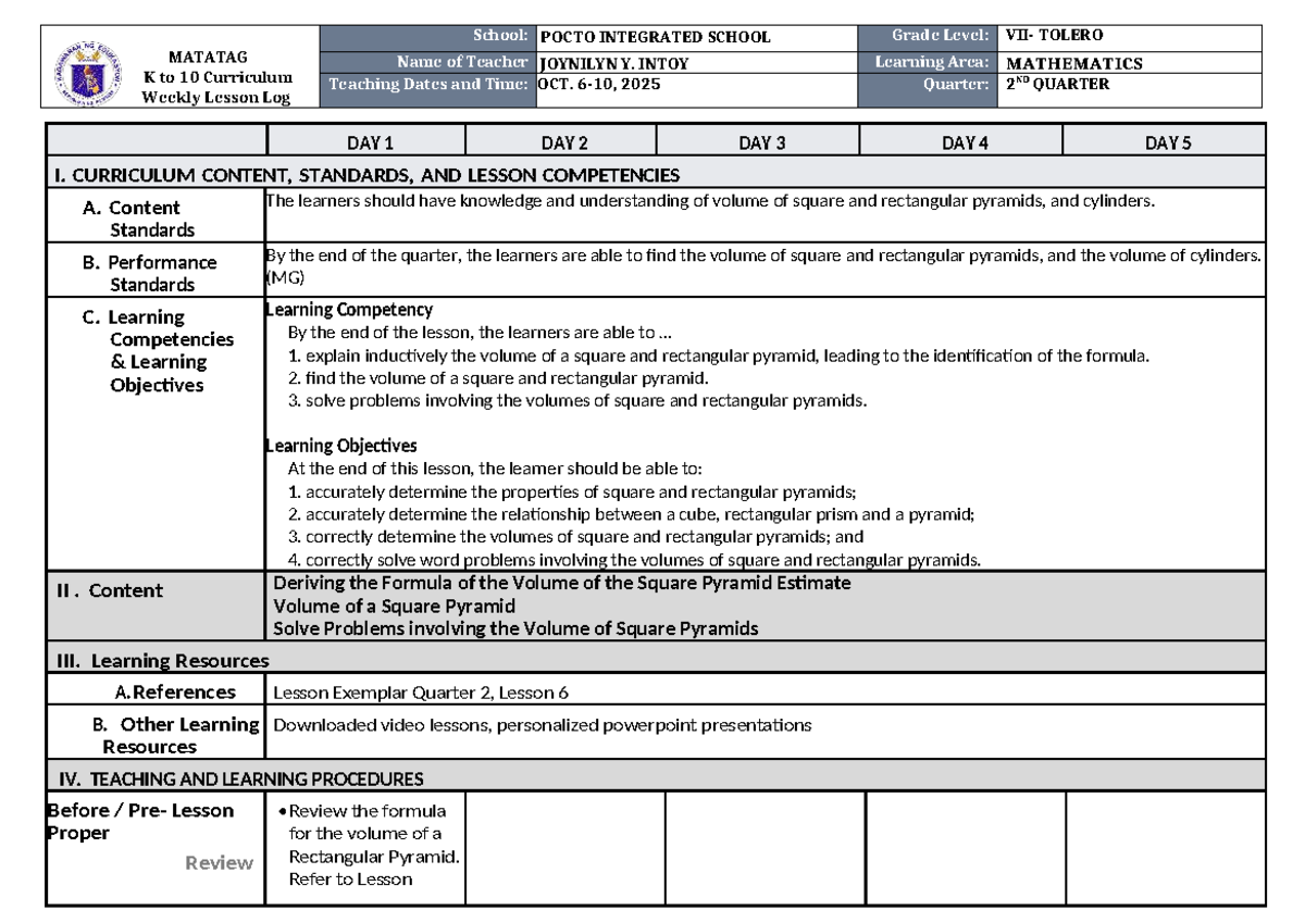 MATH78 - Weekly Lesson Log: Volume of Pyramids & Pythagorean Theorem ...