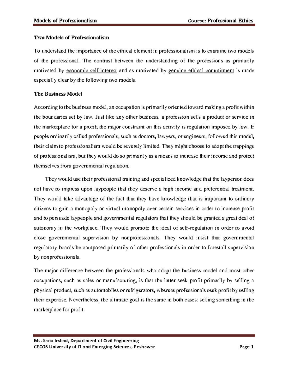 Models of Professionalism in Professional Ethics (CE 101) - Studocu