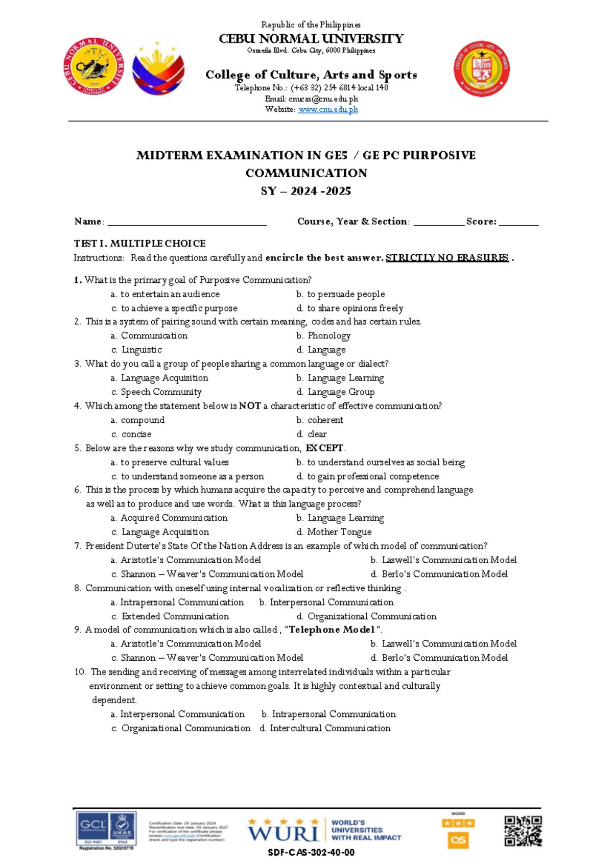 MIDTERM EXAMINATION IN GE5 GE PC PURPOSIVE COMMUNICATION SY 2024 - Studocu