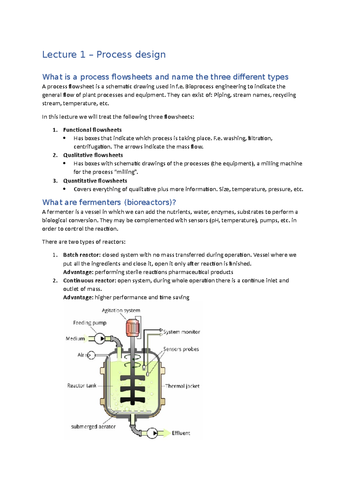 Lecture 1: Process Design in Bioprocess Engineering - Studeersnel