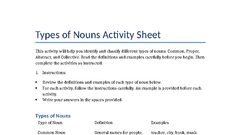 Types of Nouns Activity Sheet: Common, Proper, Abstract, Collective ...