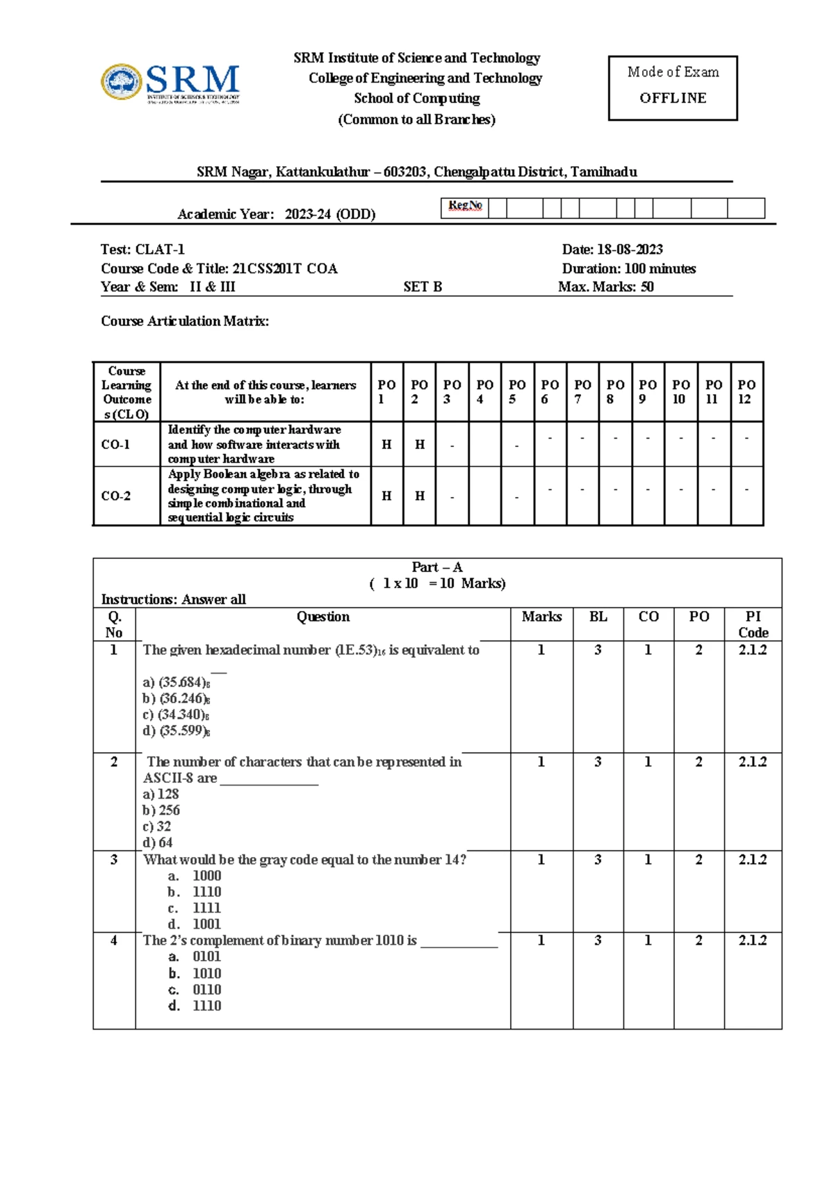 Coa Ct1 Qp Set D Hhhhhhhhhhhhhhhhhhhhh Srm Institute Of Science And Technology College Of