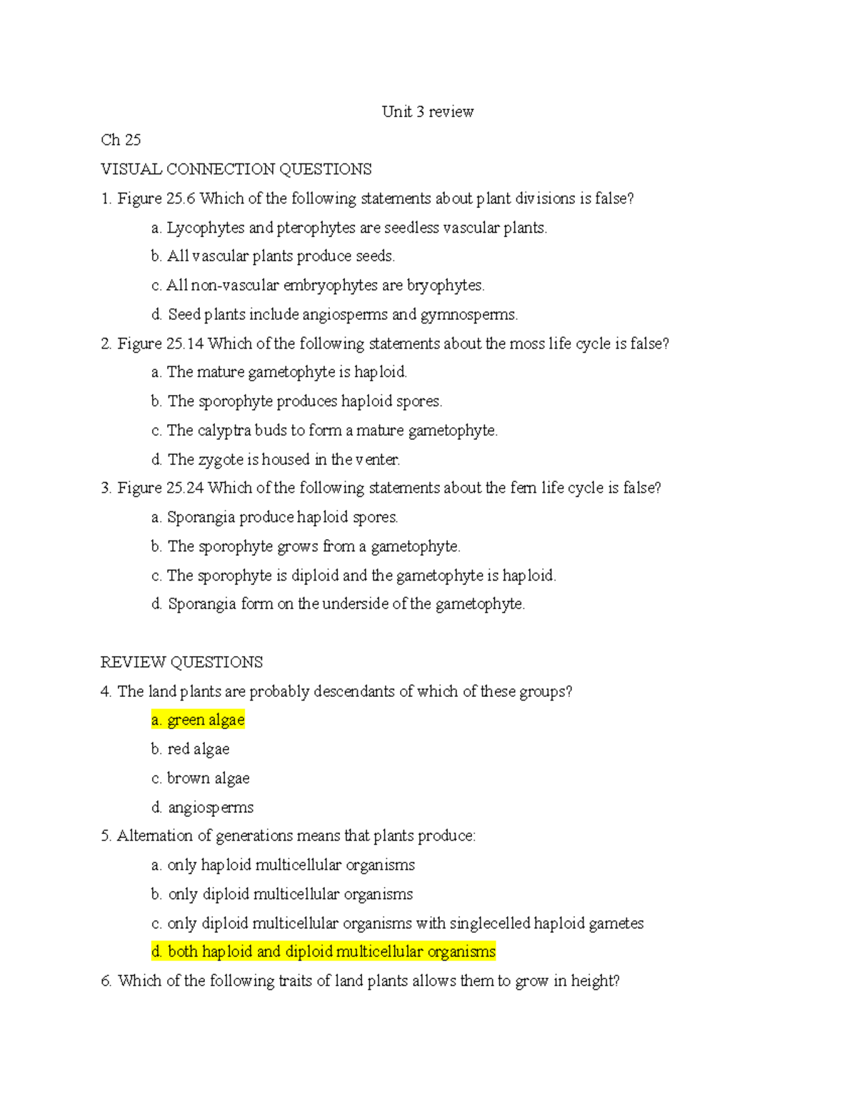 Unit 3 review- plants - Unit 3 review Ch 25 VISUAL CONNECTION QUESTIONS ...