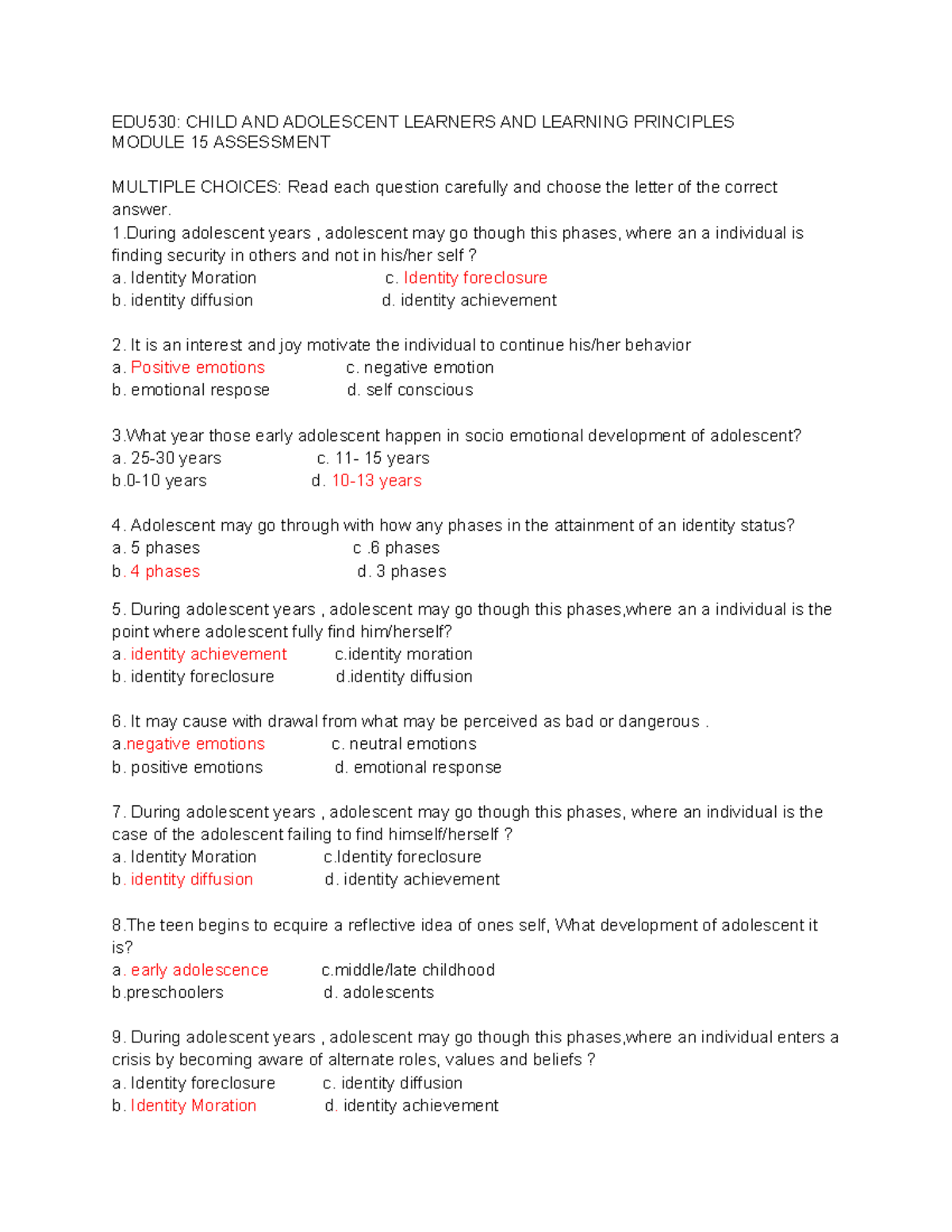 EDU530 Module 15 - Adolescent Learners Assessment Questions - Studocu