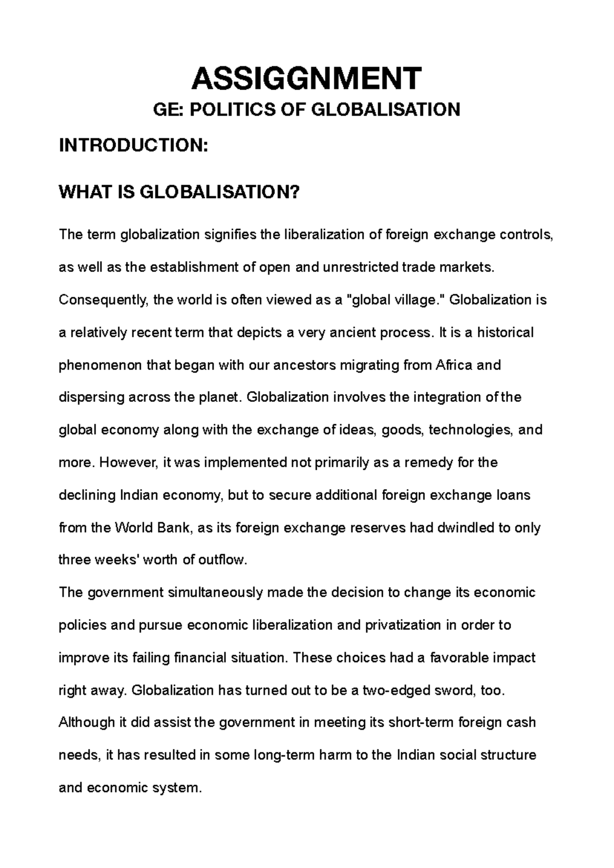ASSIGNMENT GE: Politics of Globalization - Approaches Explained - Studocu
