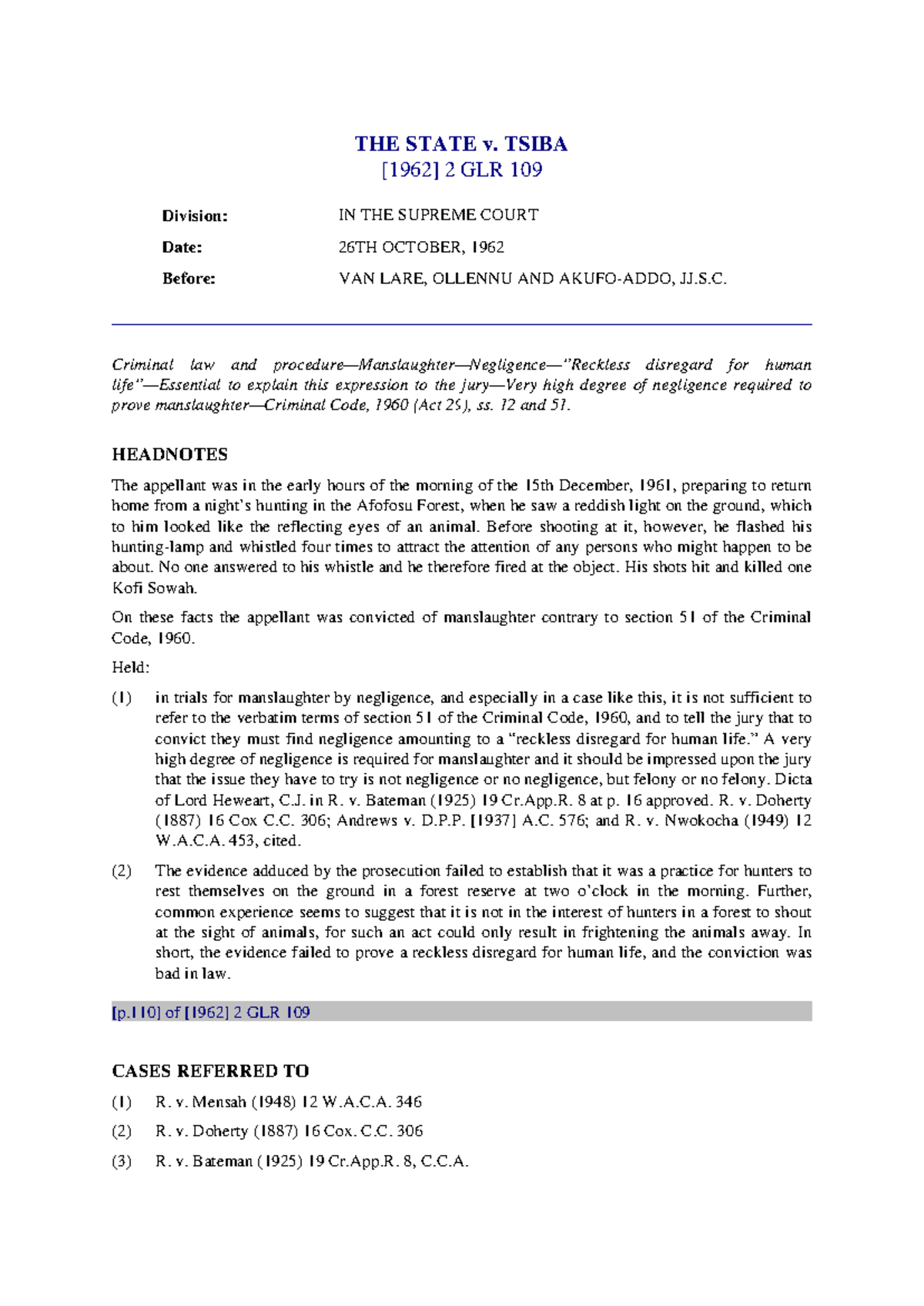 Law Case Review: The State v. Tsiba (1962) - Manslaughter Appeal Analysis - Studocu