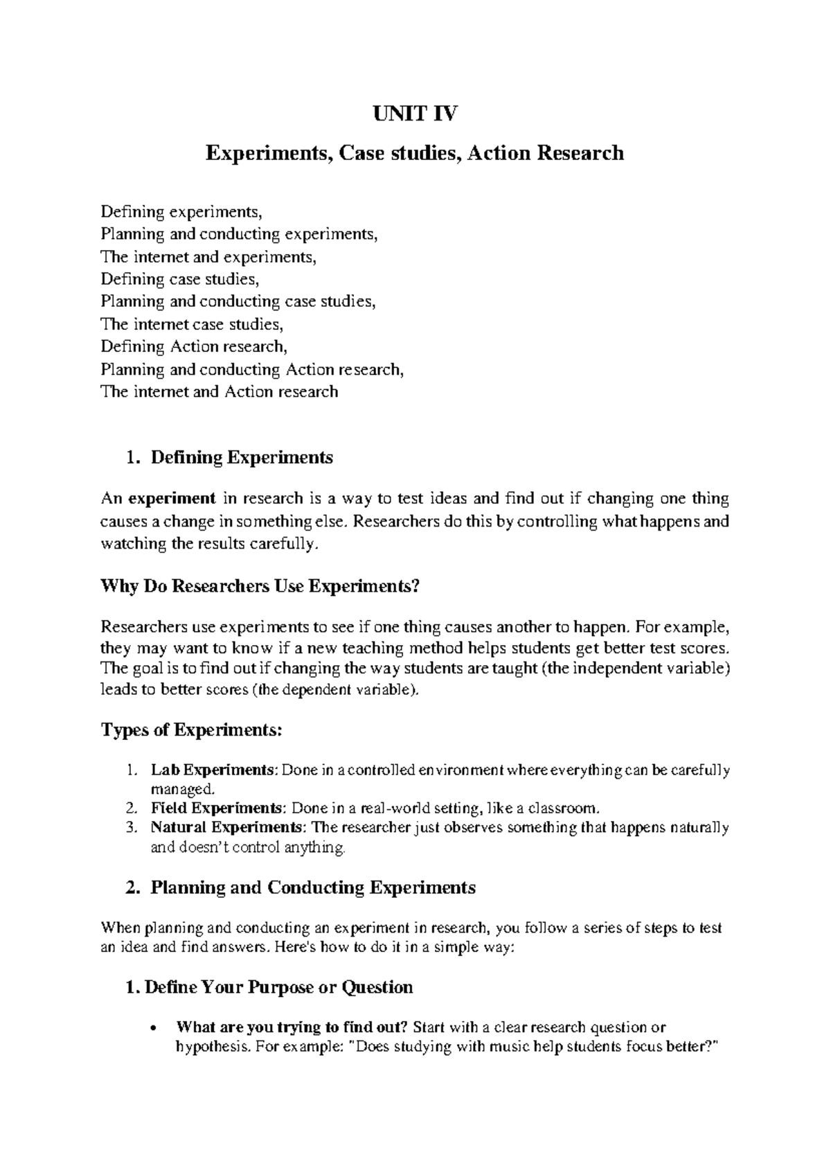 Unit IV: Experiments, Case Studies & Action Research Overview - Studocu