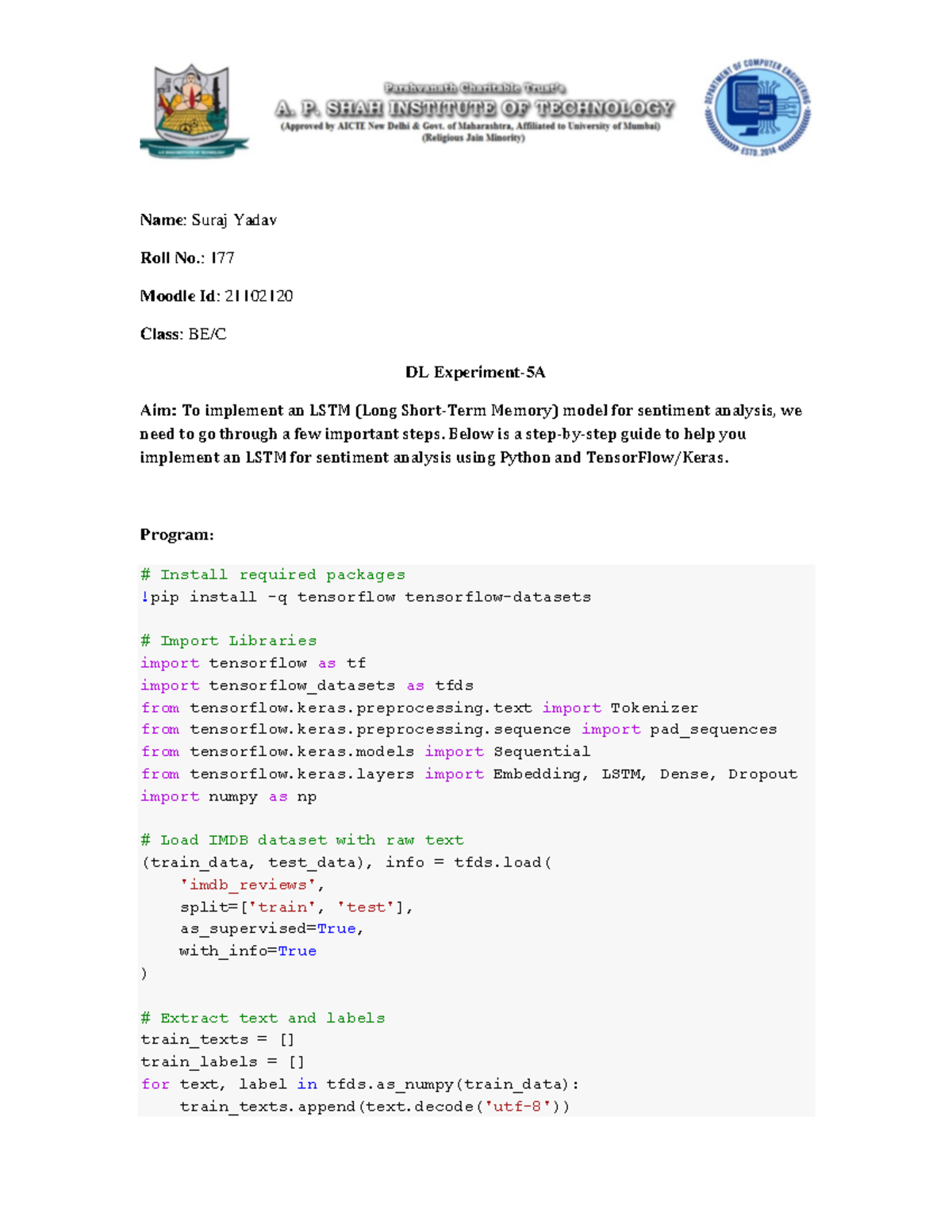 DL EXP 5A - LSTM Model for Sentiment Analysis Implementation - Studocu