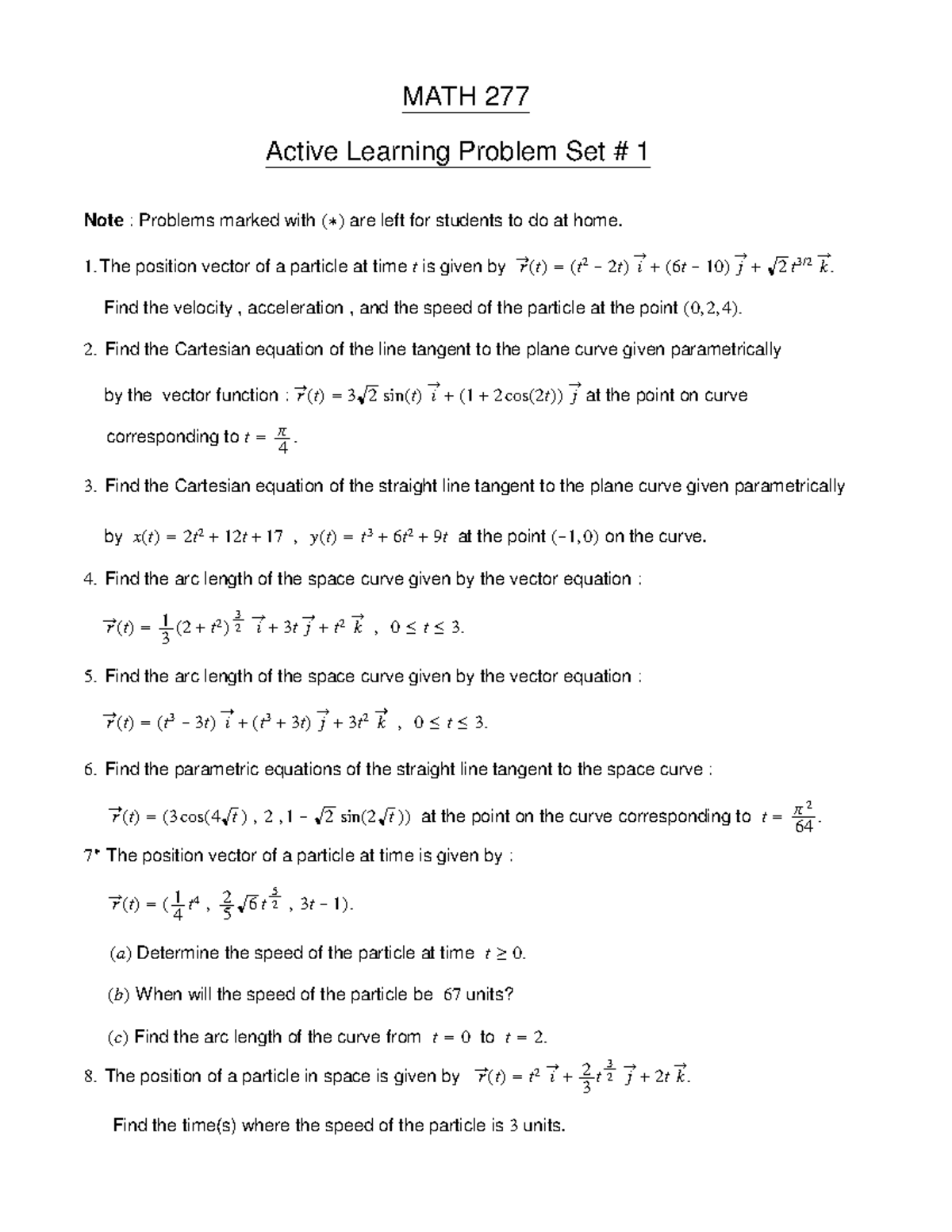 MATH 277 Active Learning Problem Set 1: Velocity, Acceleration, and ...
