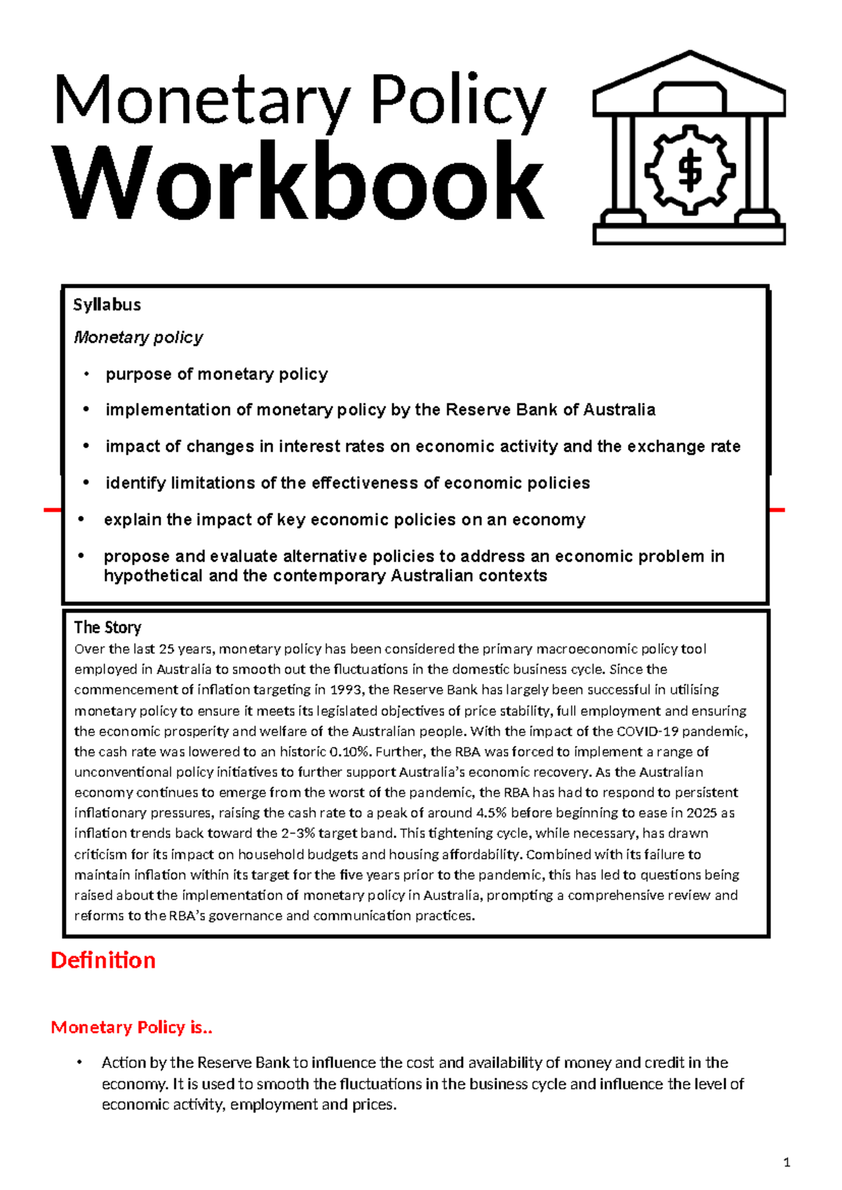 Monetary Policy Workbook 2025: Key Concepts and RBA Strategies - Studocu
