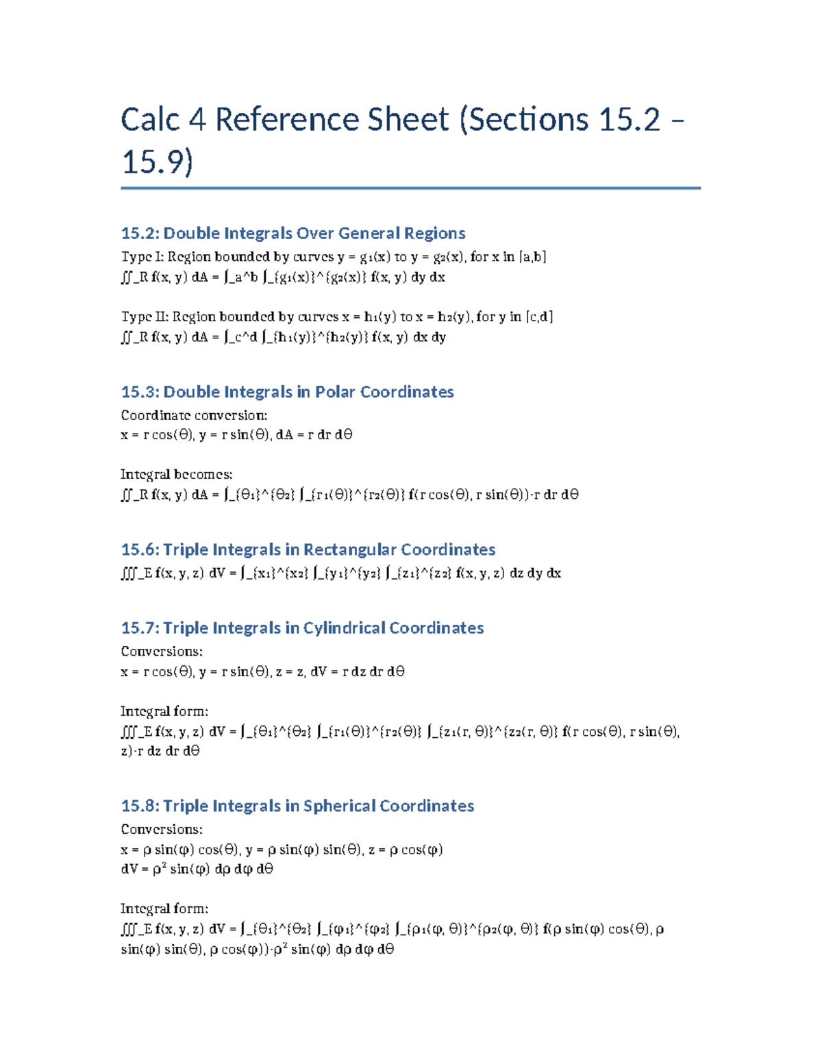 Calc 4 Final Exam Reference Sheet: Double & Triple Integrals (15.2-15.9 ...