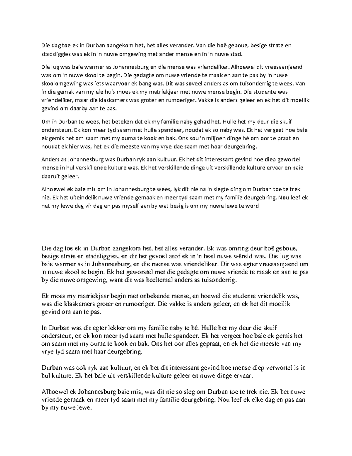 Afrikaans Essay: My Ervarings van die Verskuiwing na Durban - Studocu